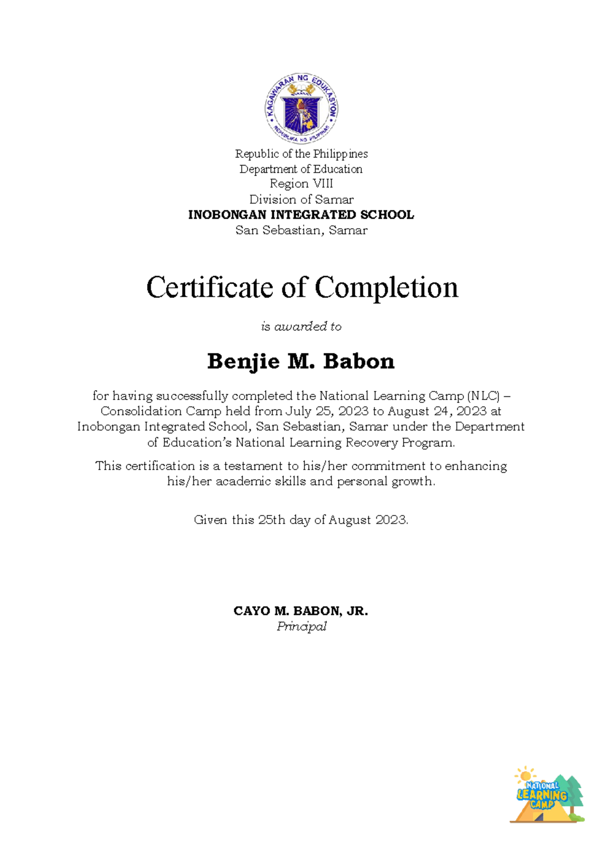 Sample Certificates in National Learning Camp 2024 - Department of ...