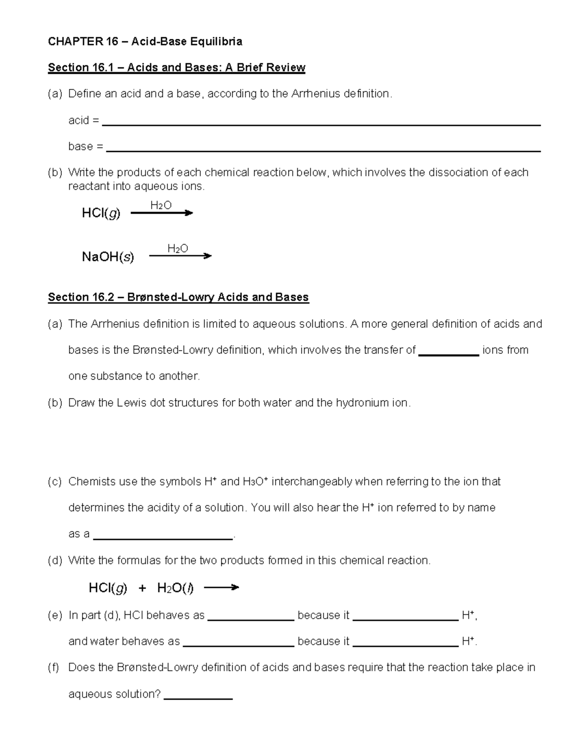 Chapter 16 - Practice - CHAPTER 16 – Acid-Base Equilibria Section 16 ...