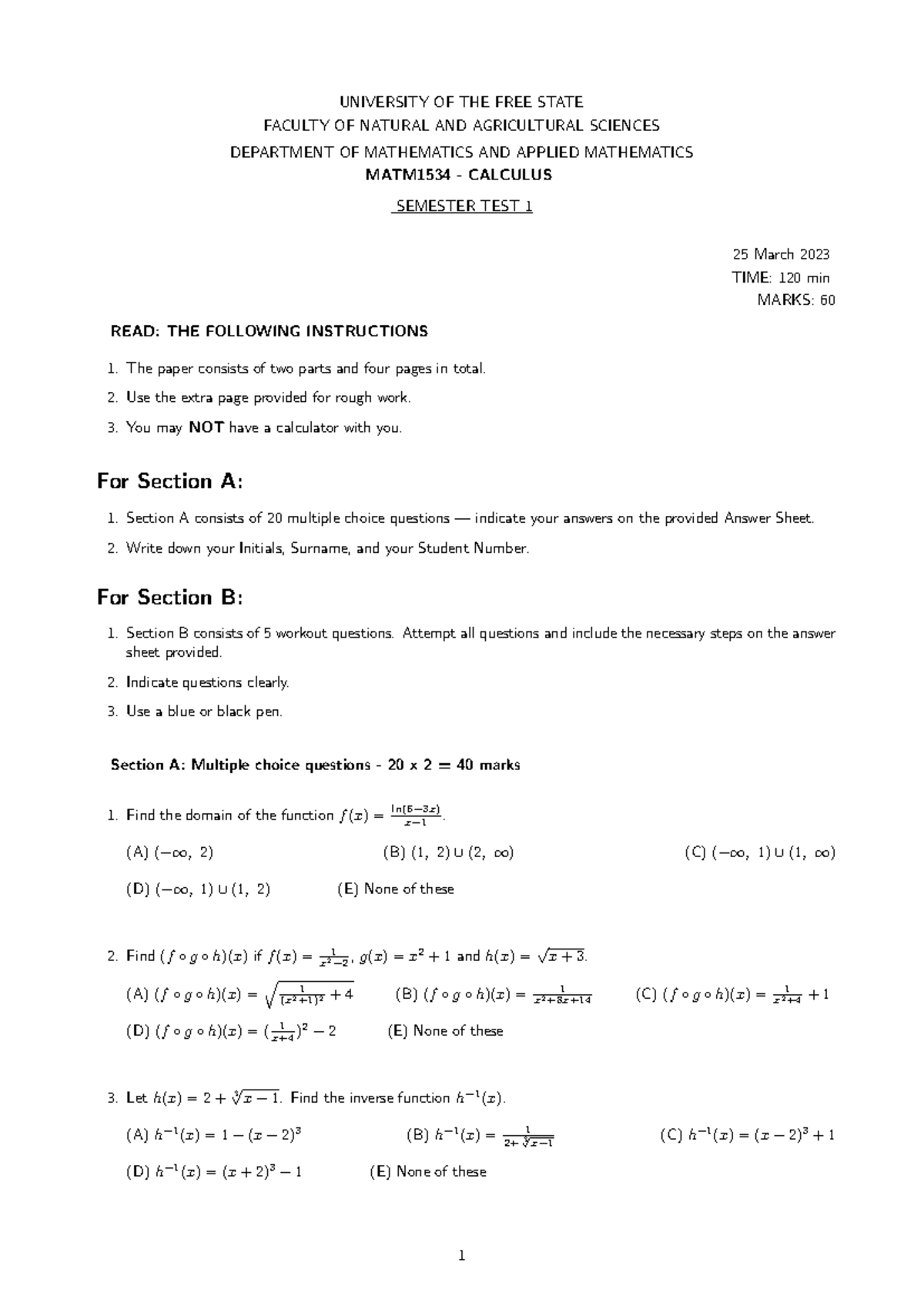 Semester Test 1 2023 - CAlculus - UNIVERSITY OF THE FREE STATE FACULTY ...