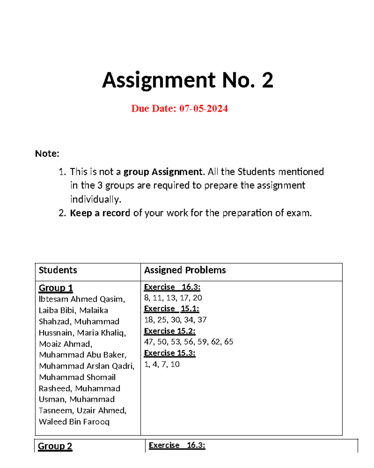 Assignment No 1 - 2 Due Date: 07 - 05 - 2024 Note: 1. This is not a ...