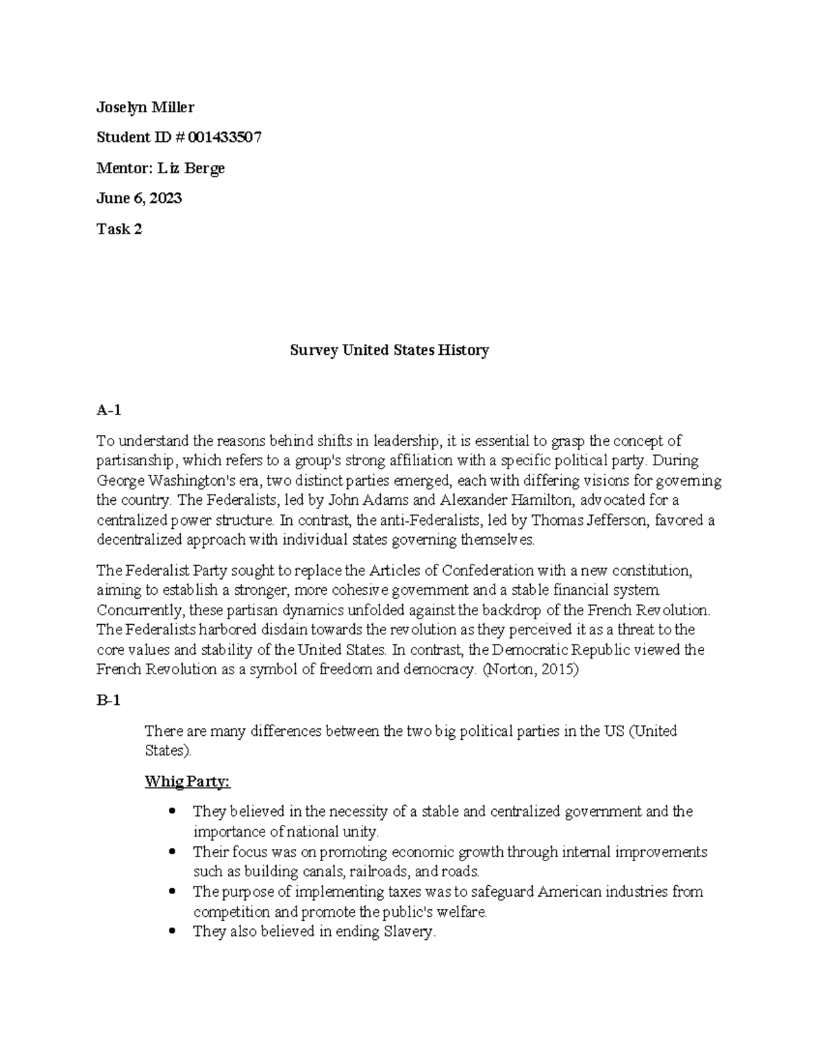 New Survey US History Task 2 - Joselyn Miller Student ID # 001433507 ...