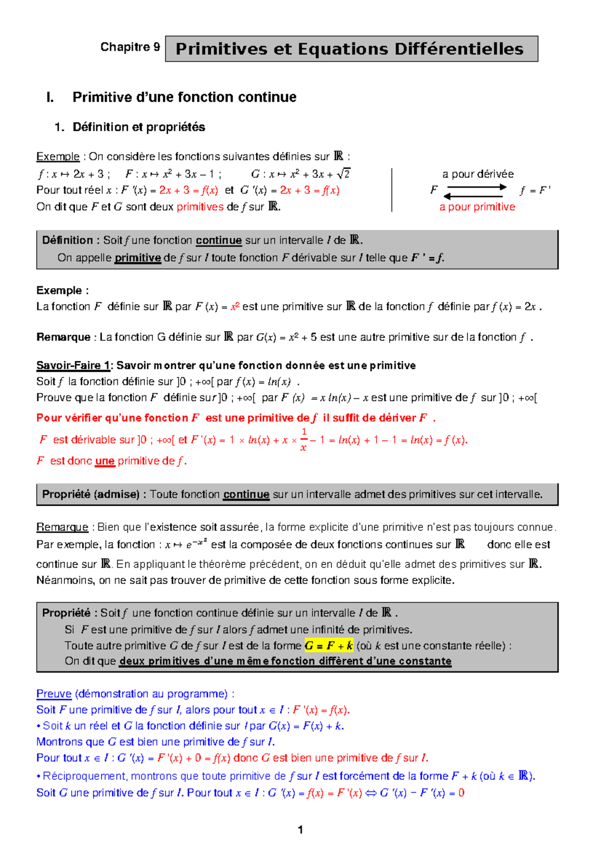 Chap9 Primitives Equa Diff - Chapitre 9 Primitives et Equations Différentielles I. Primitive d ...