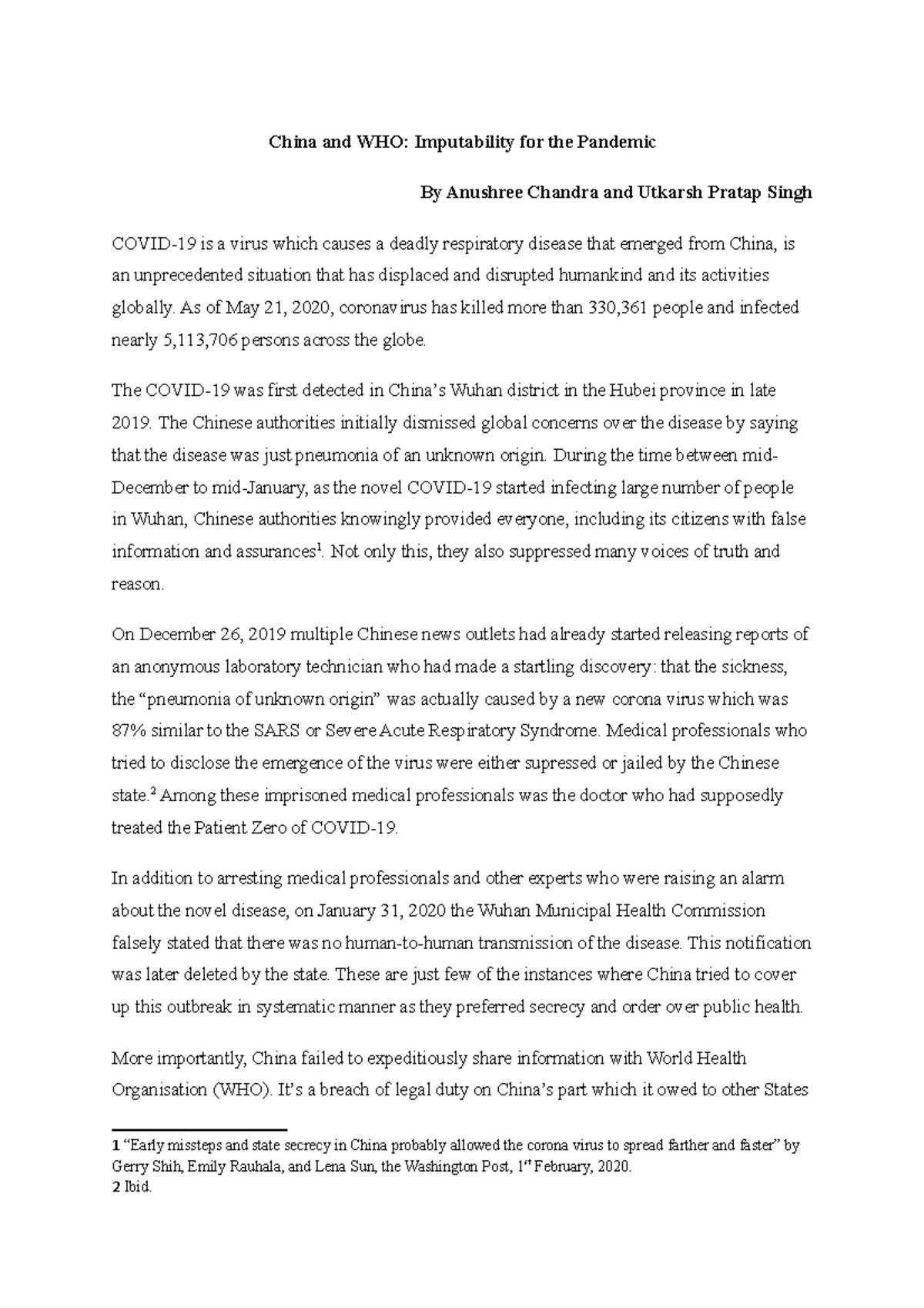 China and WHO Imputability for the Pandemic - As of May 21, 2020 ...