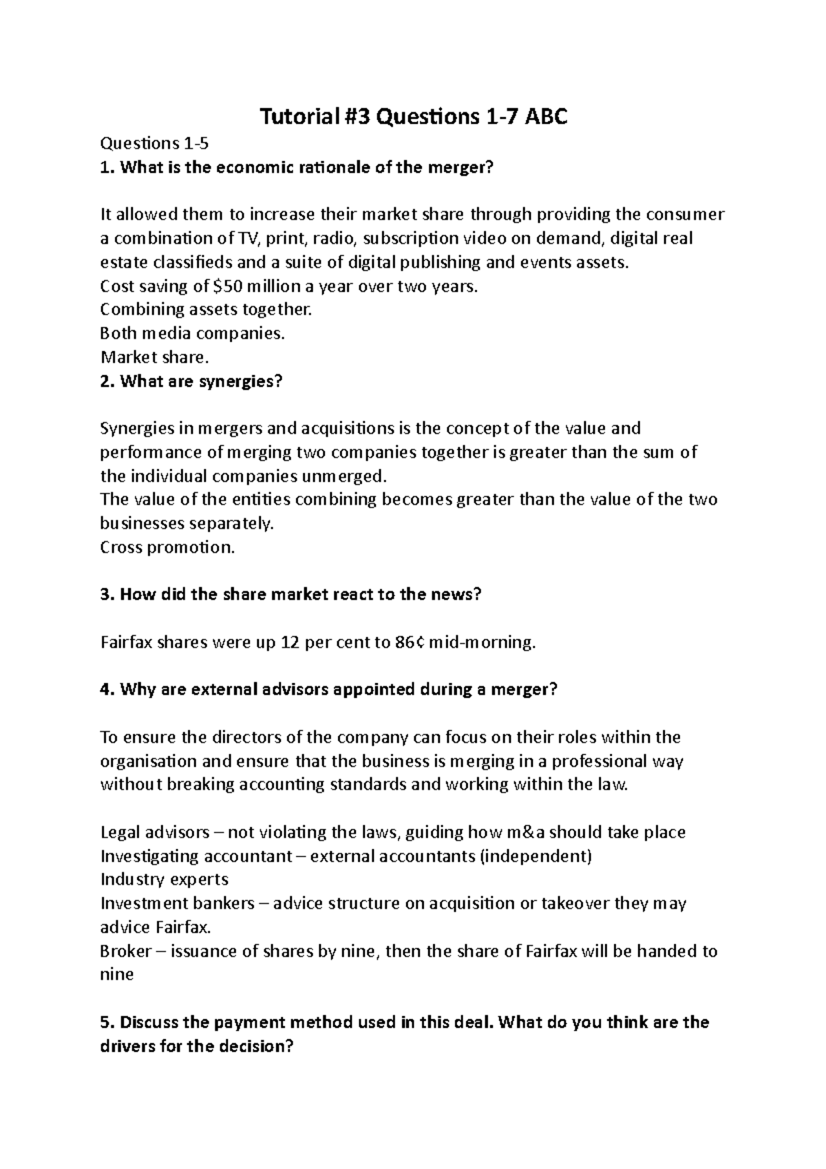 Tutorial #3 ABC - blah blah - Tutorial #3 Questions 1-7 ABC Questions 1 ...