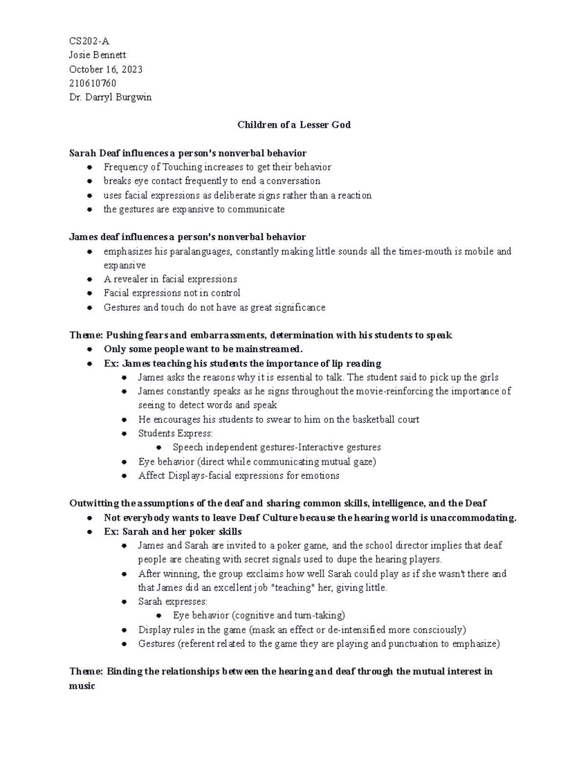 Children of a lesser god - notes - CS202-A Josie Bennett October 16 ...