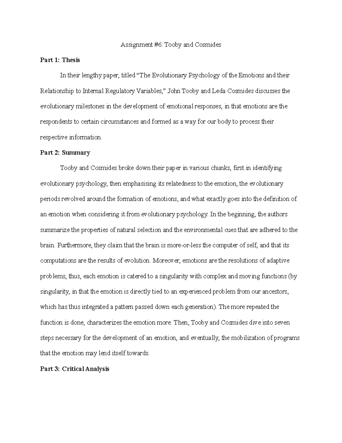 Gesm assignment six - Assignment Too and Cosmides Part 1: Thesis In ...
