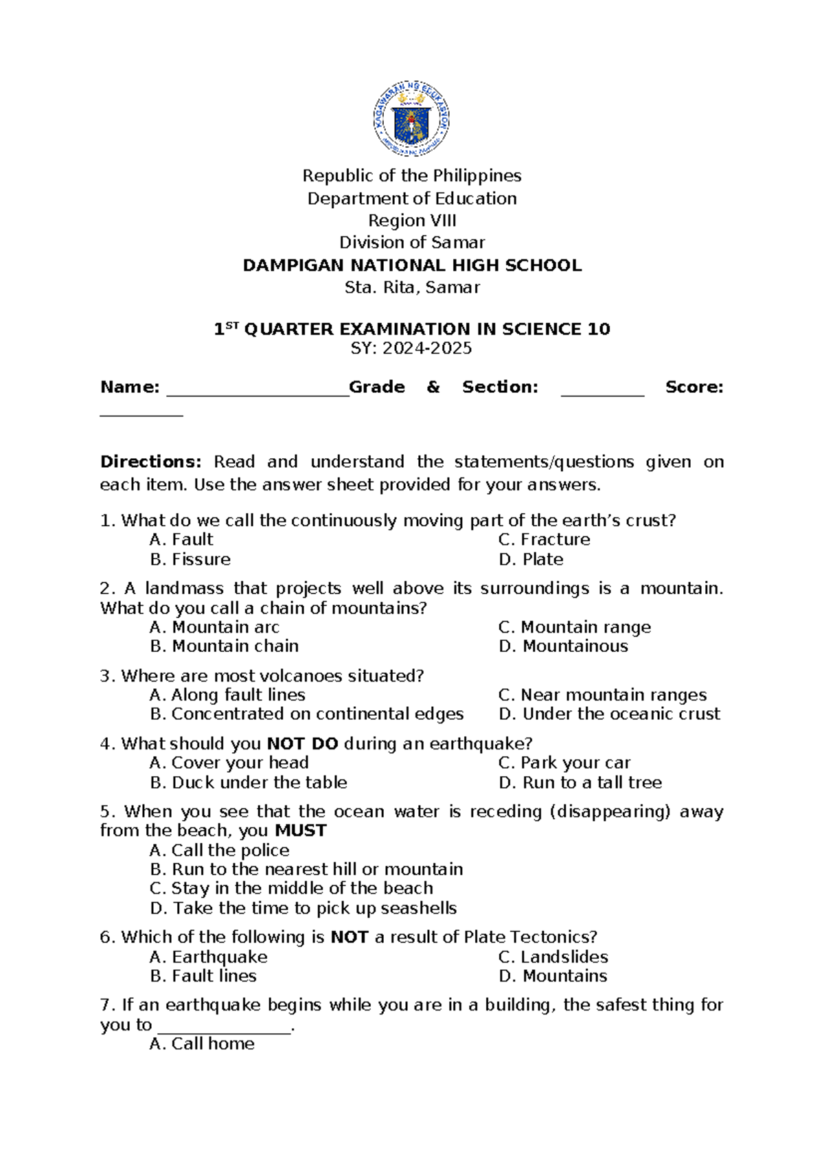 Q1-SCI10-EXAM - SCIENCE EXAM - Republic of the Philippines Department ...