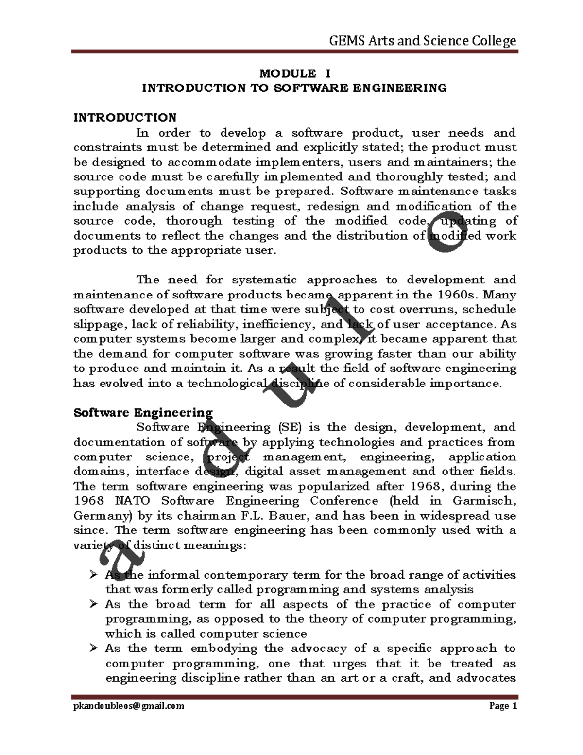 PSE Module I - MODULE I INTRODUCTION TO SOFTWARE ENGINEERING ...