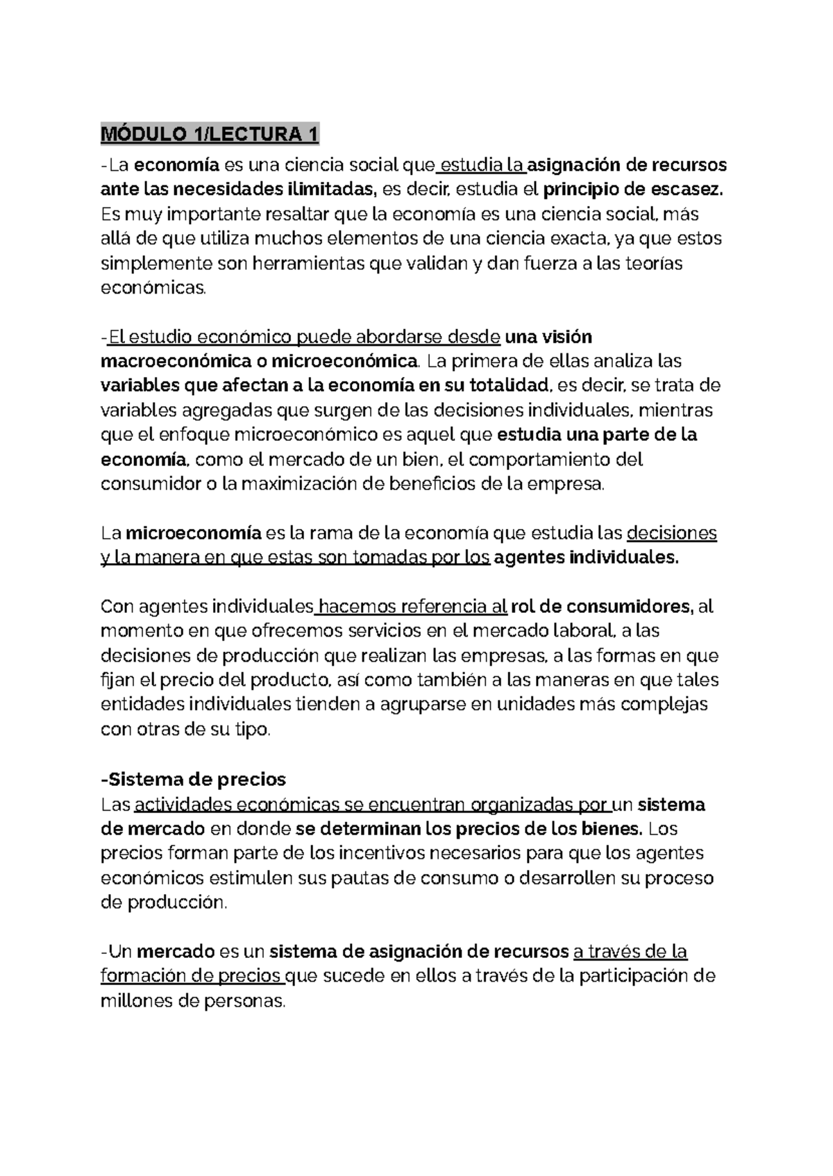 Resumen M1 y M2 Economía I - MÓDULO 1/LECTURA 1 -La economía es una ...
