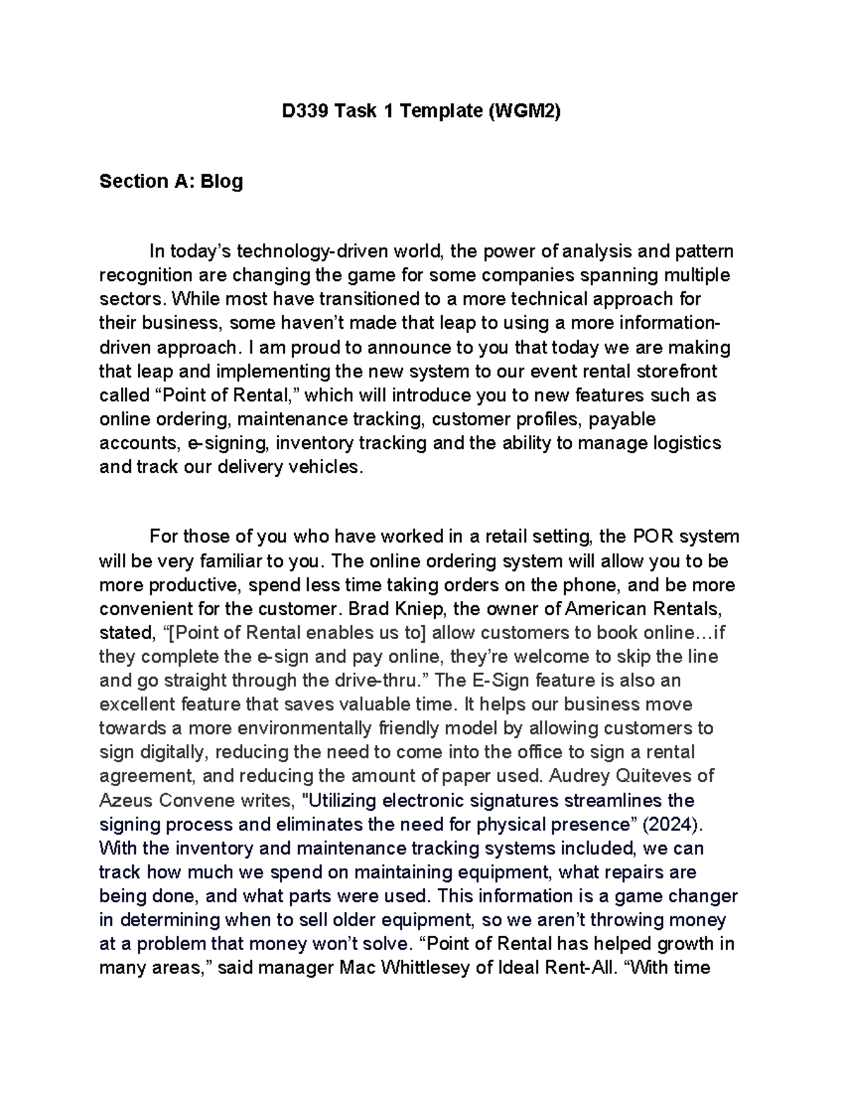 D339 Task 1 Point of Rental - D339 Task 1 Template (WGM2) Section A ...