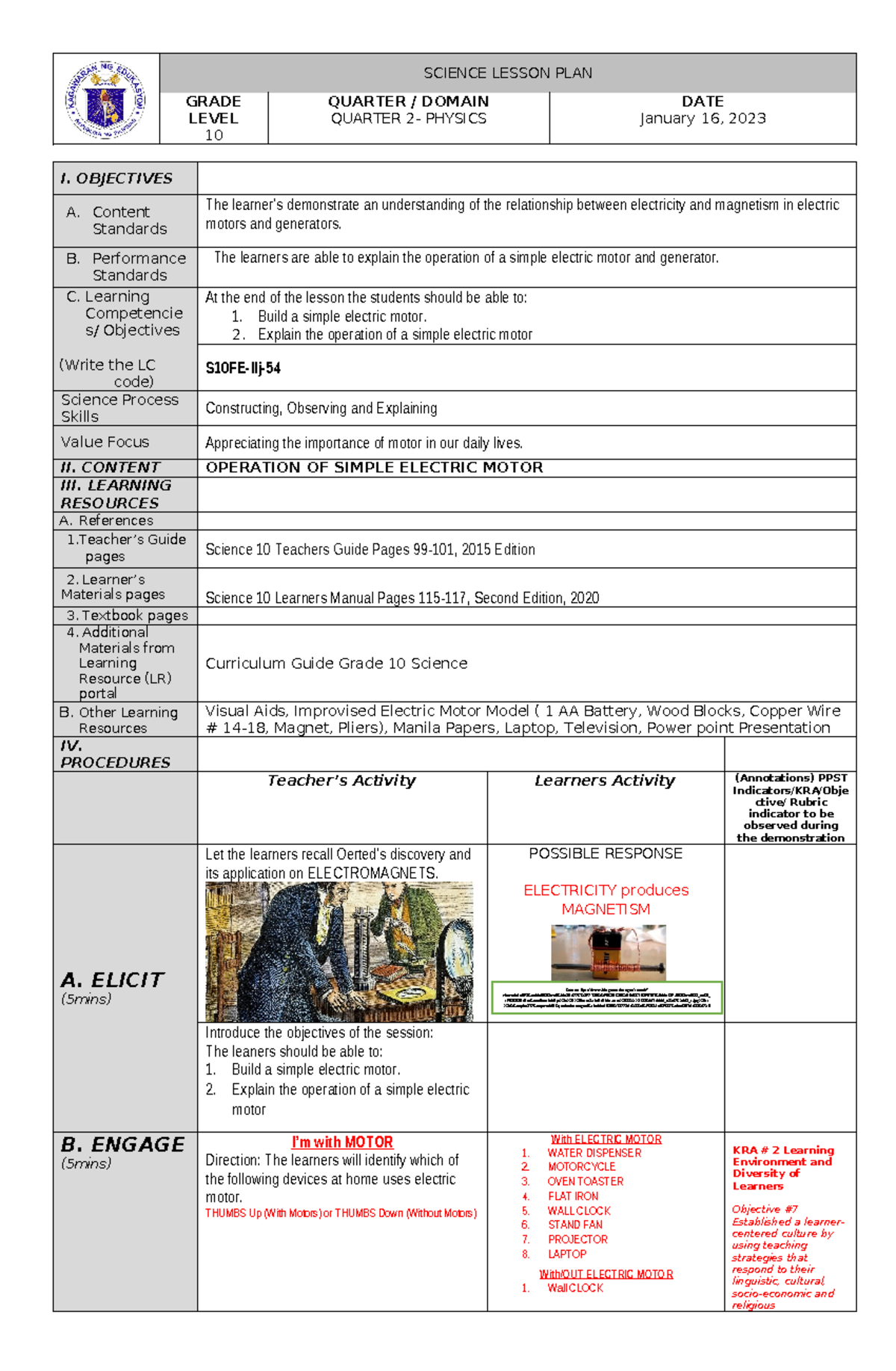 COT DLP Electric Motor - Lesson Plan in Physics - SCIENCE LESSON PLAN ...