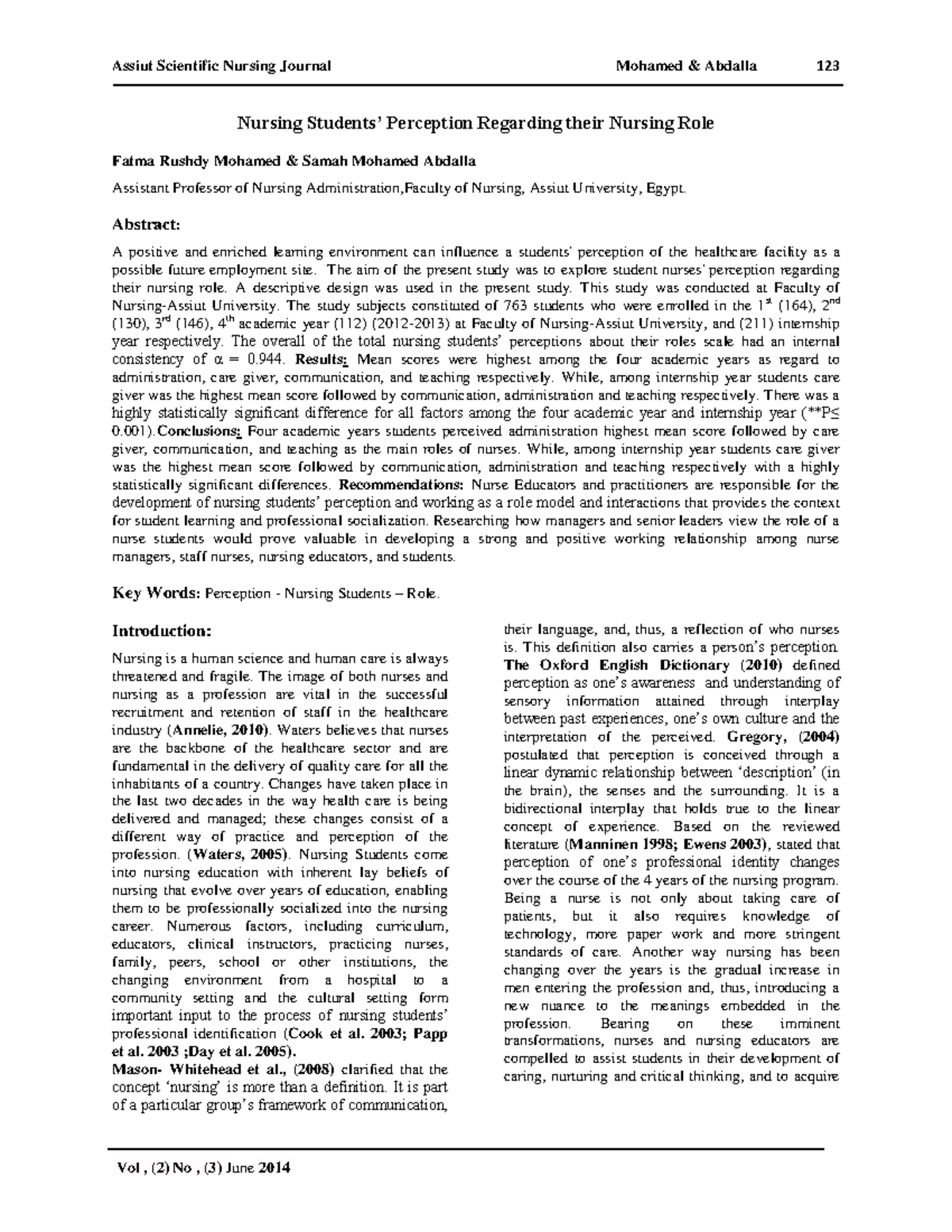 Nursing Students’ Perception Regarding their Nursing Role - Abstract: A ...