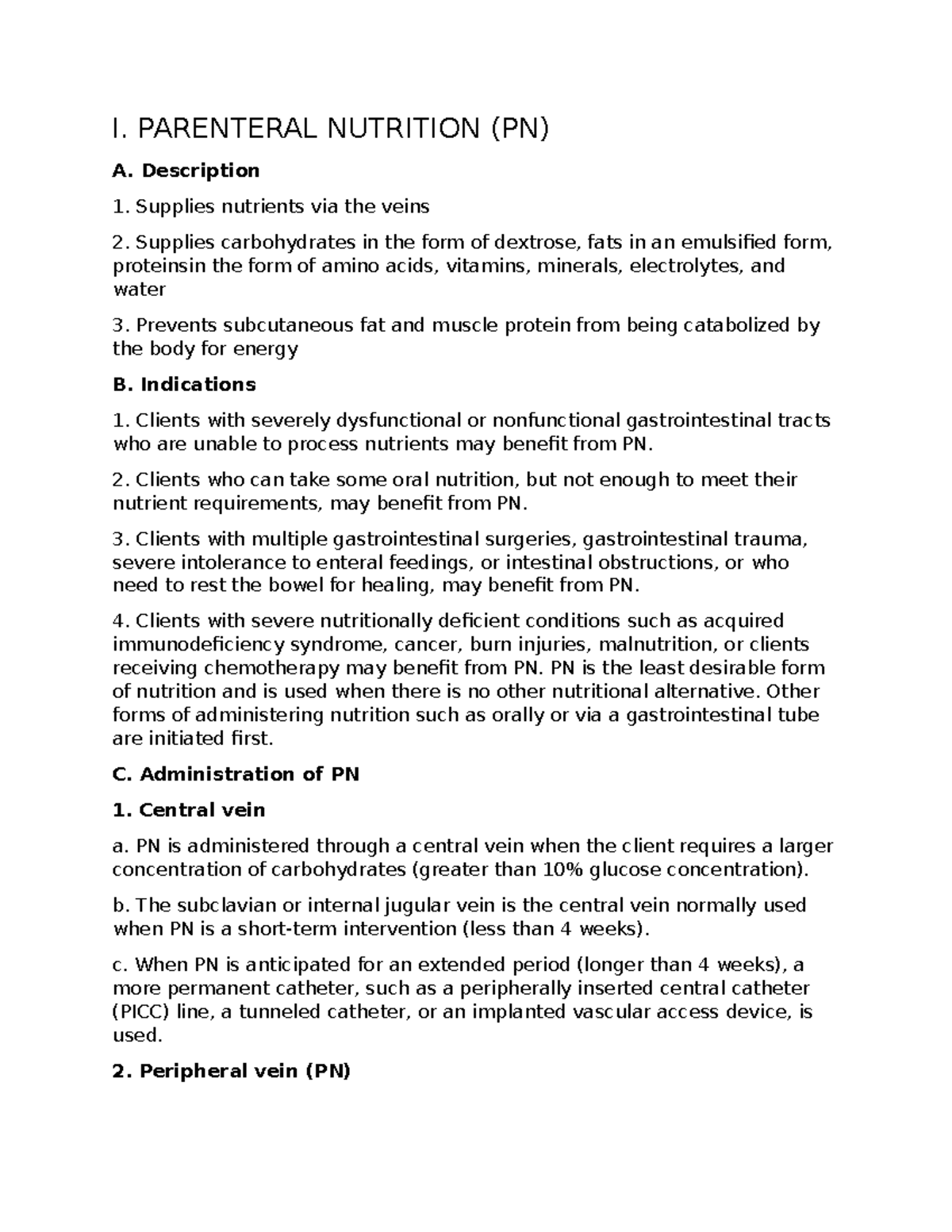 Maternal and child health nursing & checklist - I. PARENTERAL NUTRITION ...