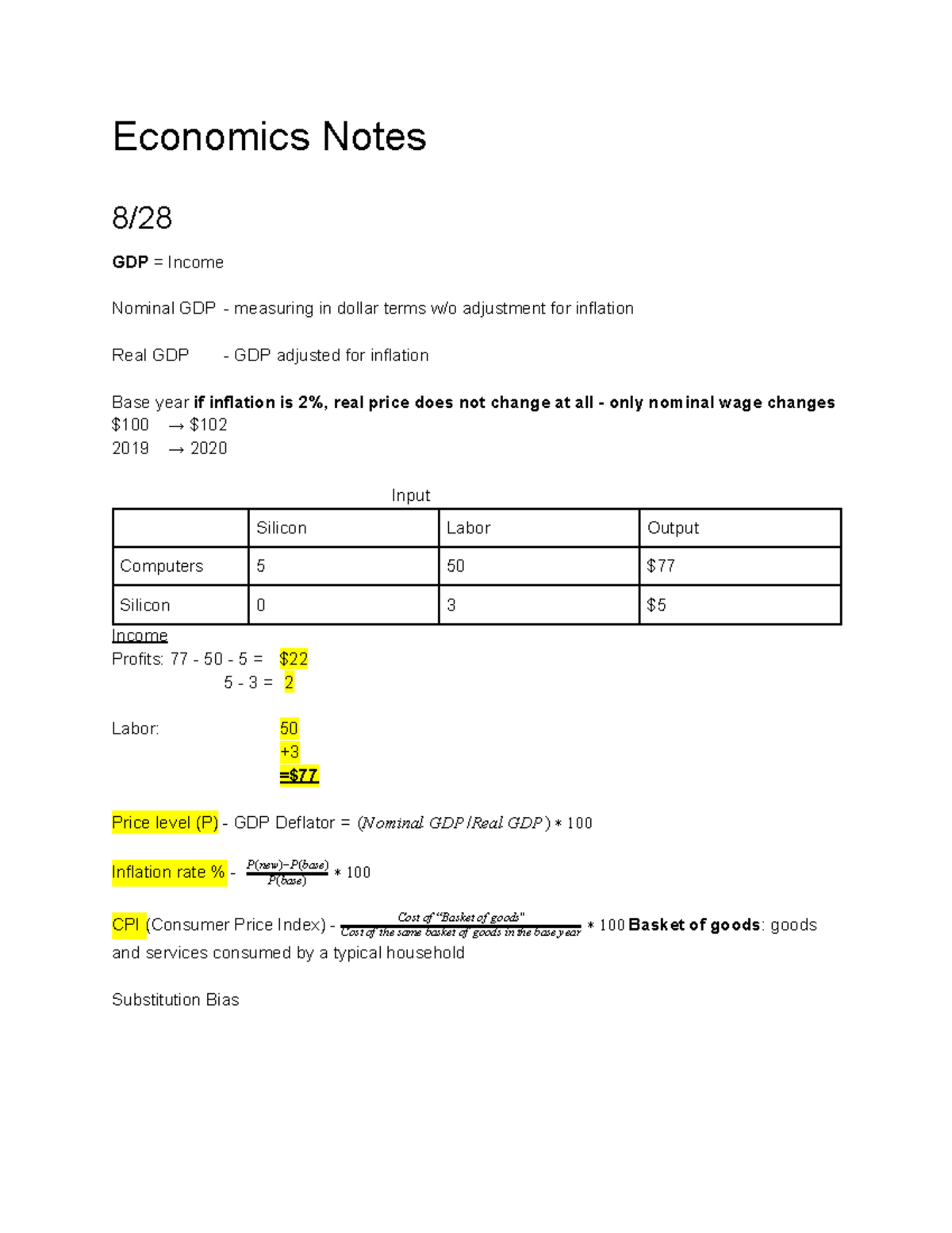 Complete ECON 1012 Notes - Economics Notes 8/ GDP = Income Nominal GDP ...