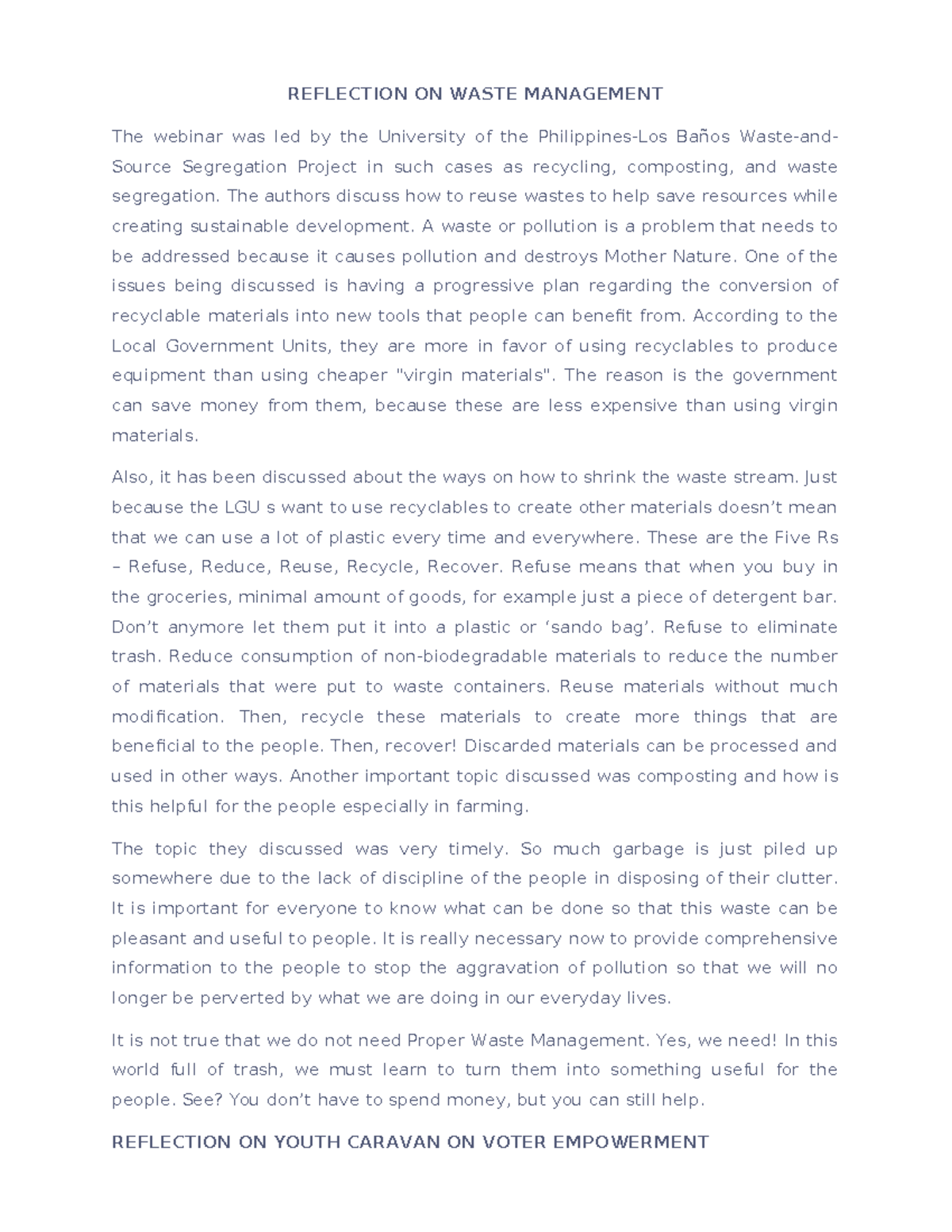 Reflection-Waste Segregation - REFLECTION ON WASTE MANAGEMENT The ...