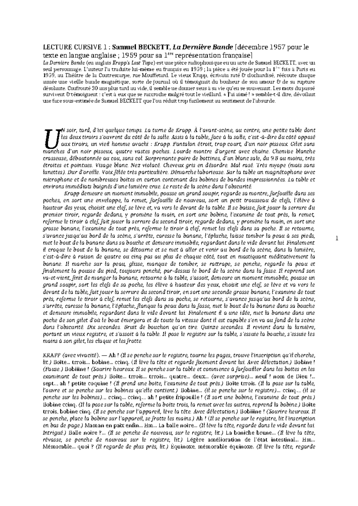 Lecture cursive 1 - la dernière bande - samuel beckett-1 - 1 1 LECTURE ...