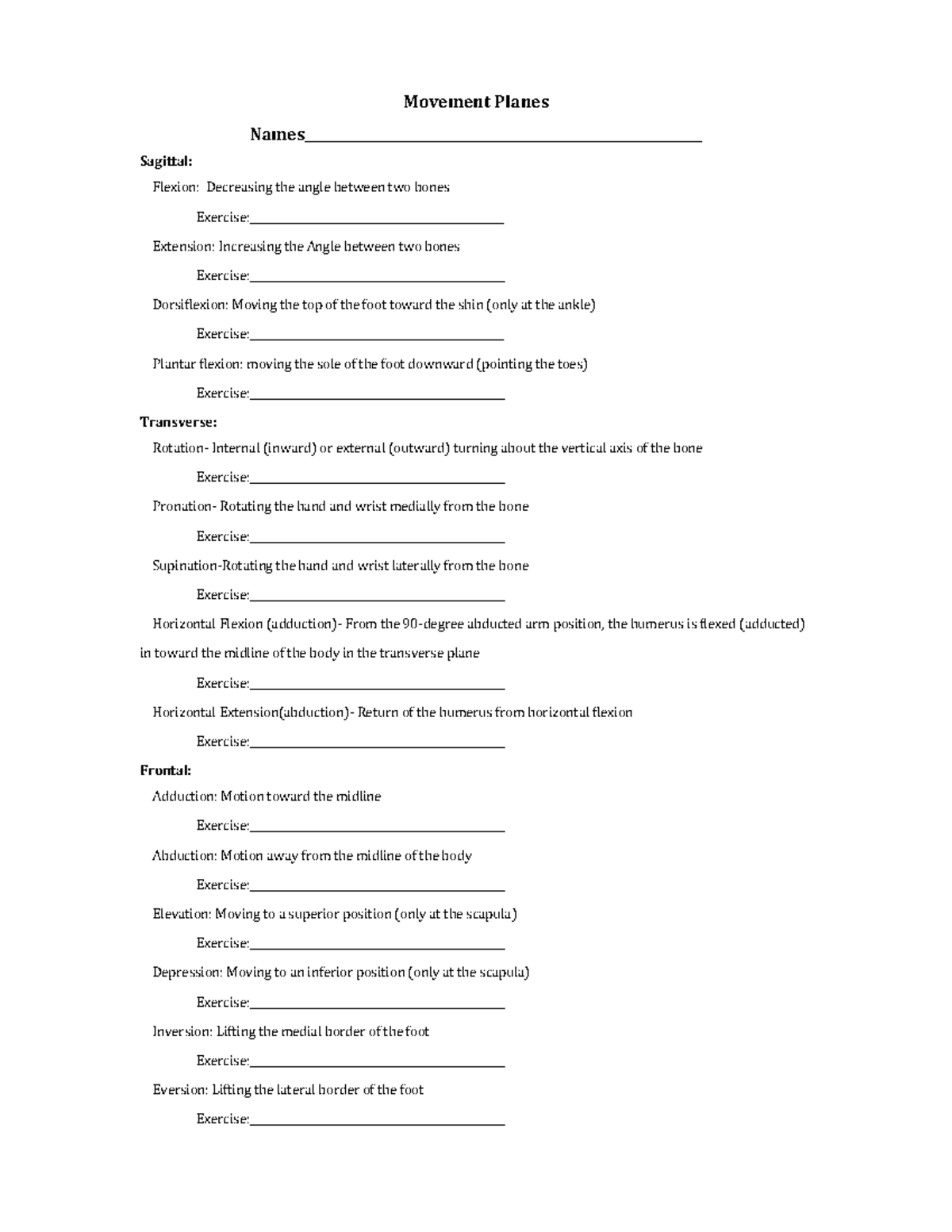 Movement Planes - Movement Planes Names