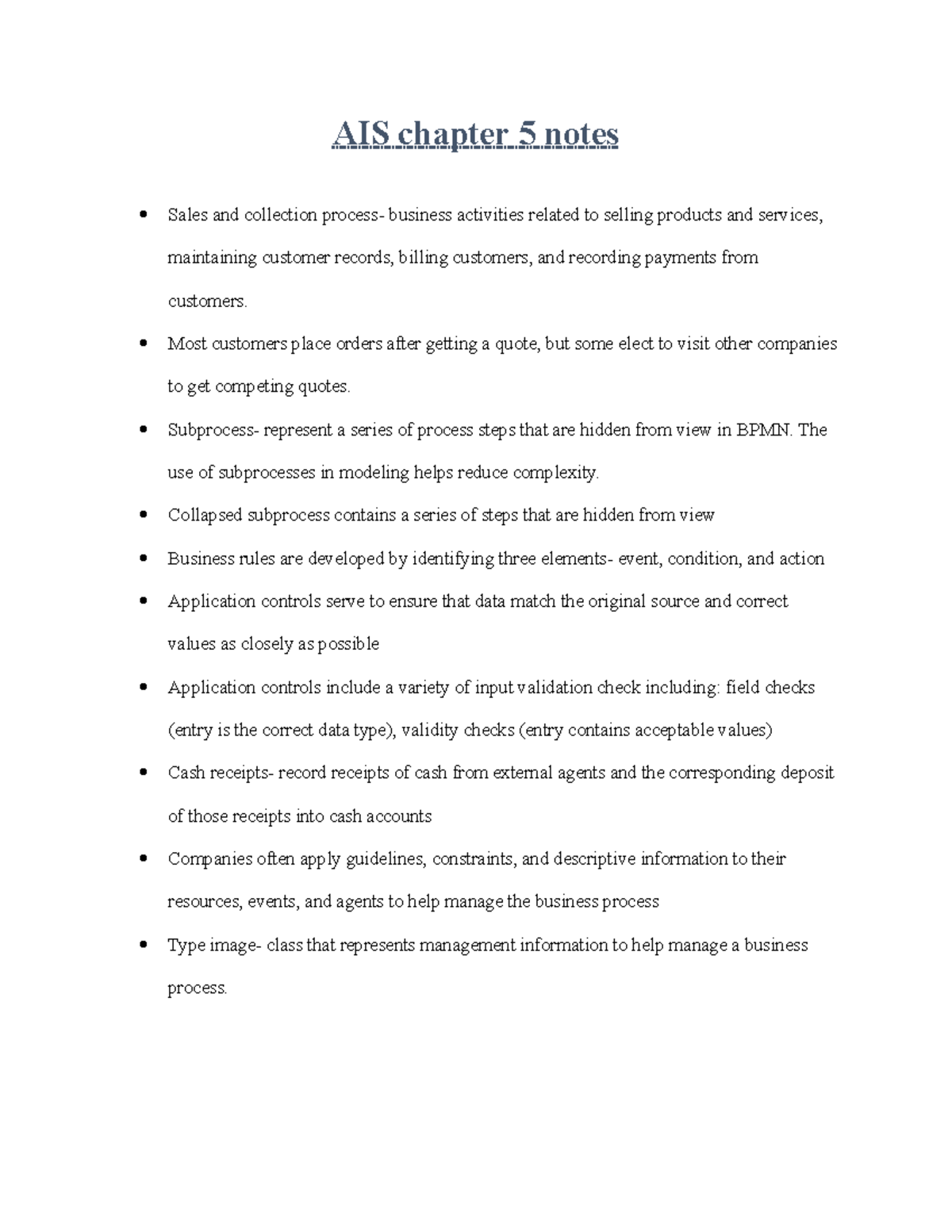 AIS chapter 5 notes - AIS chapter 5 notes Sales and collection process ...