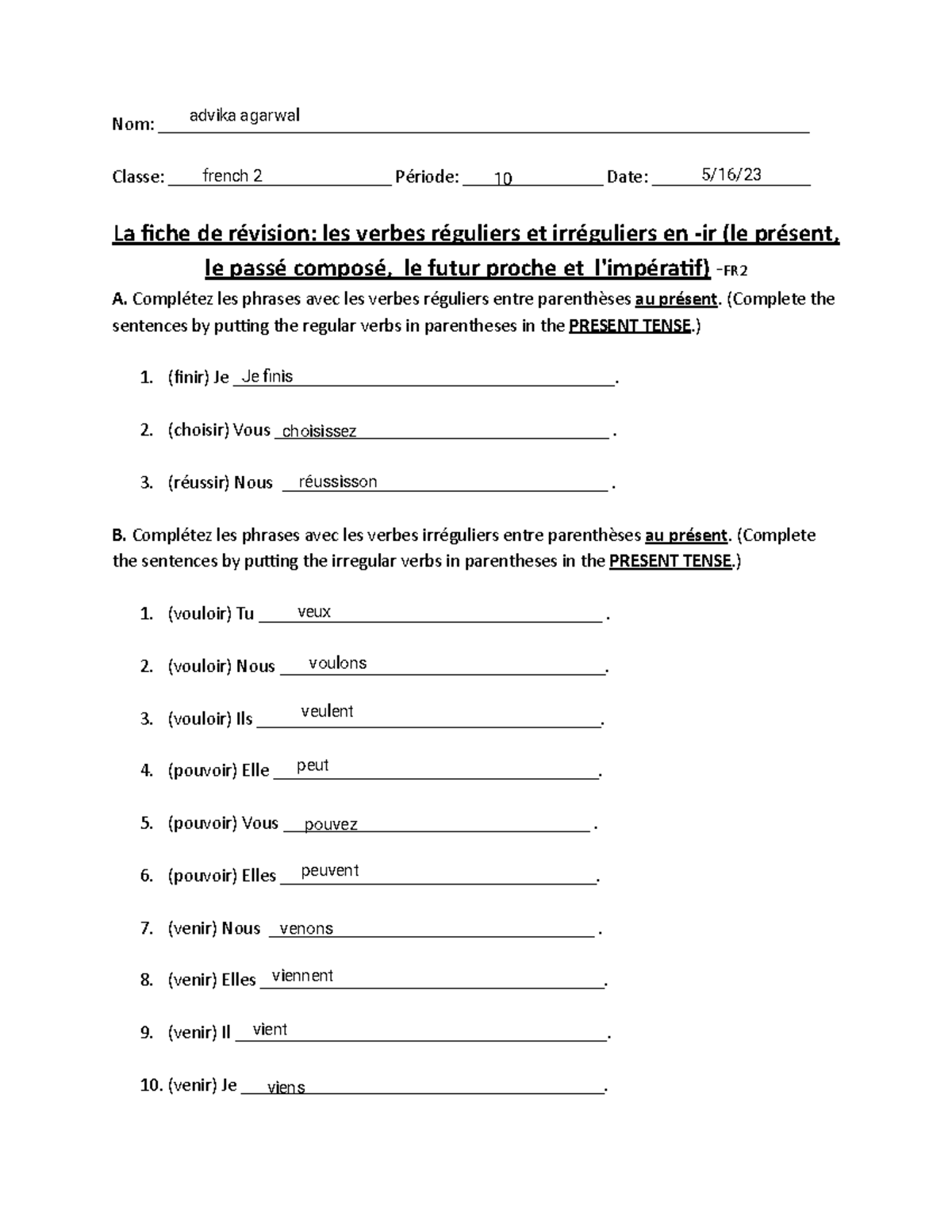 Fiche de révision les verbes réguliers et irréguliers en -ir (présent ...