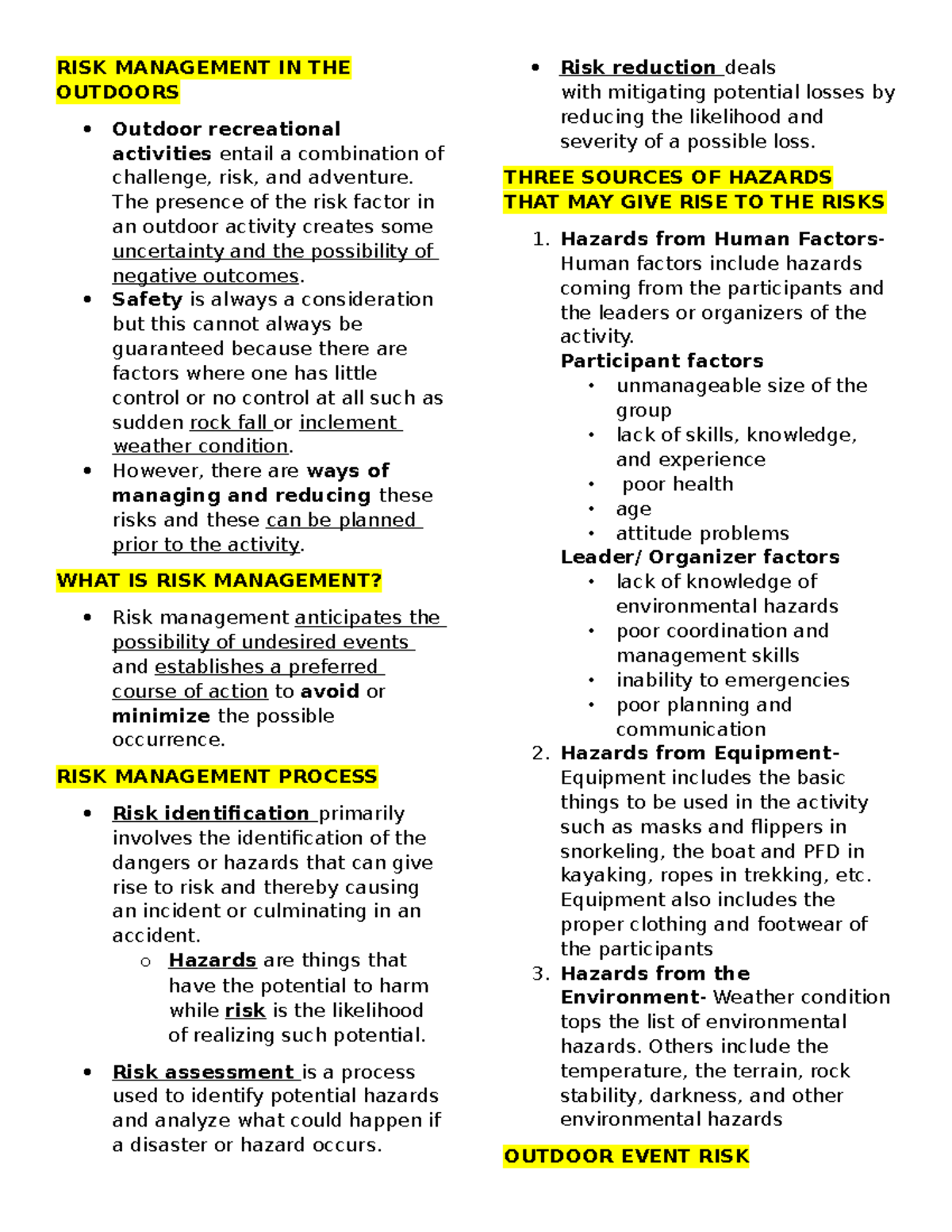 P - story - RISK MANAGEMENT IN THE OUTDOORS Outdoor recreational ...