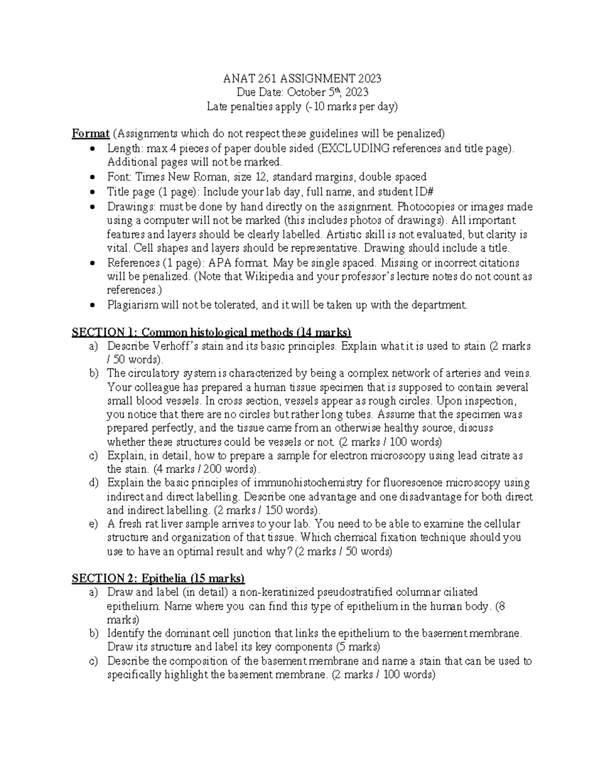 Anat 261 Assignment 2023 Final Anat 261 Assignment 202 3 Due Date October 5 Th 2023 Late 