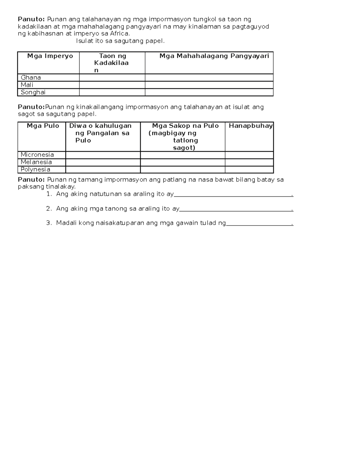 Ap 8 q2 activity 1 - History - Panuto: Punan ang talahanayan ng mga ...