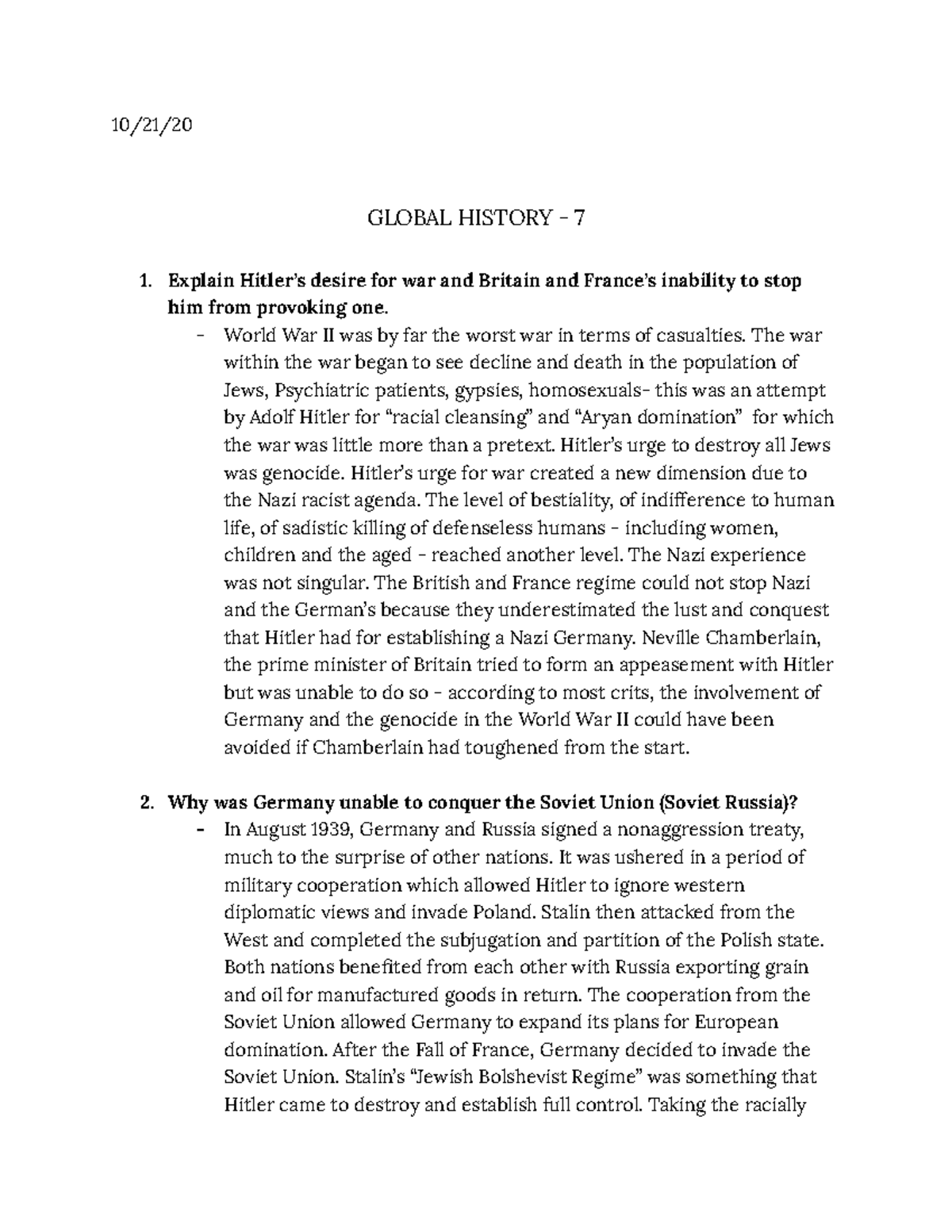Global History - 7 - questions and answers - 10/21/ GLOBAL HISTORY - 7 ...