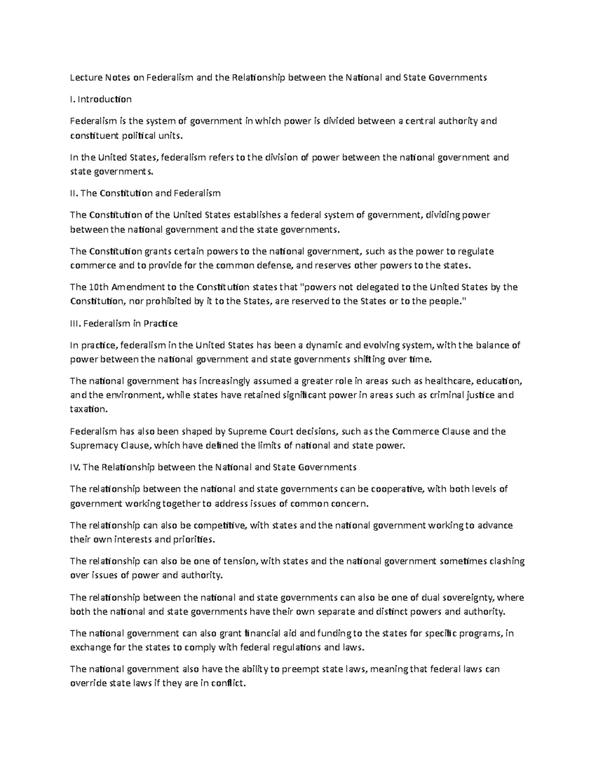 Federalism and National State Gov - Lecture Notes on Federalism and the ...