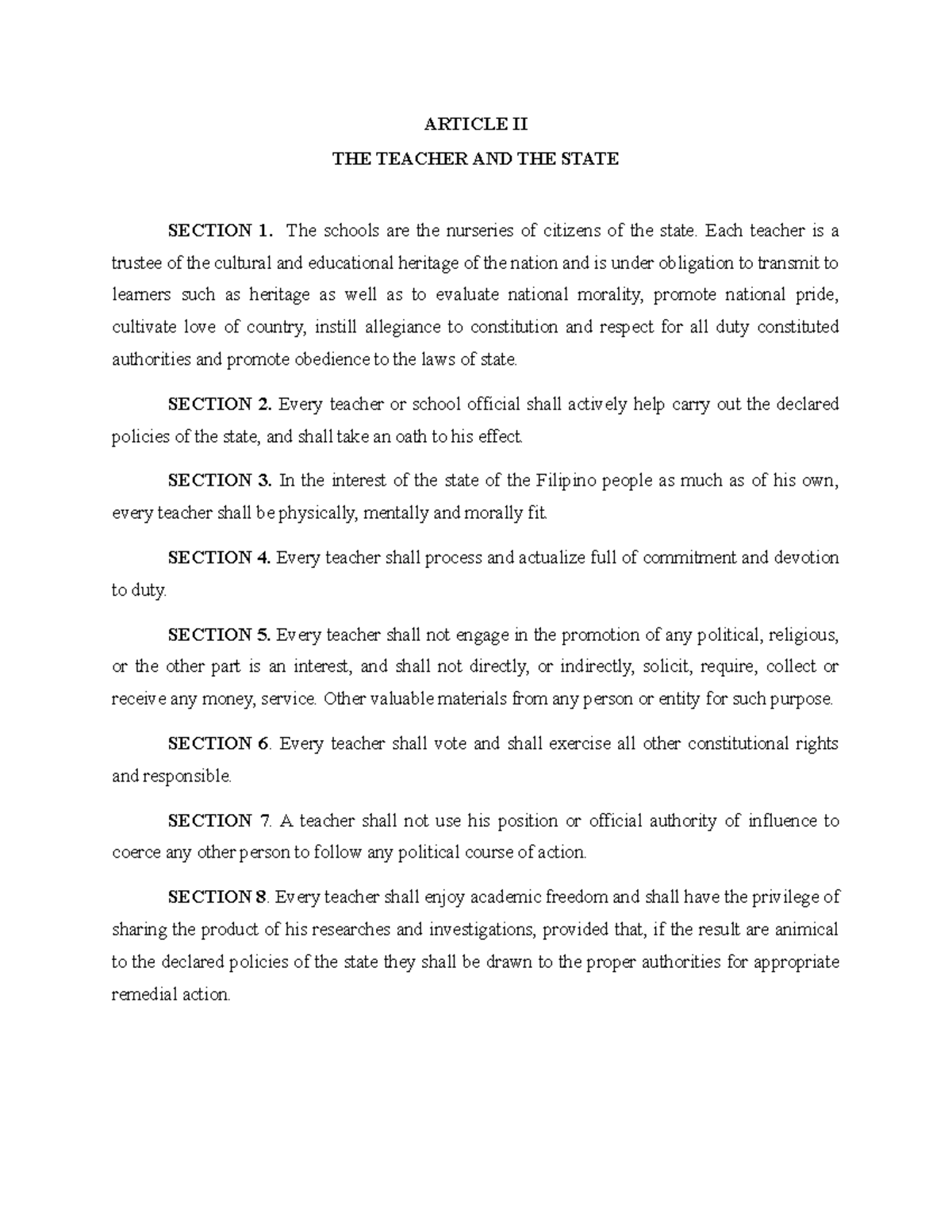 Article II CODE OF Ethics FOR Professional Teacher - ARTICLE II THE TEACHER AND THE STATE ...