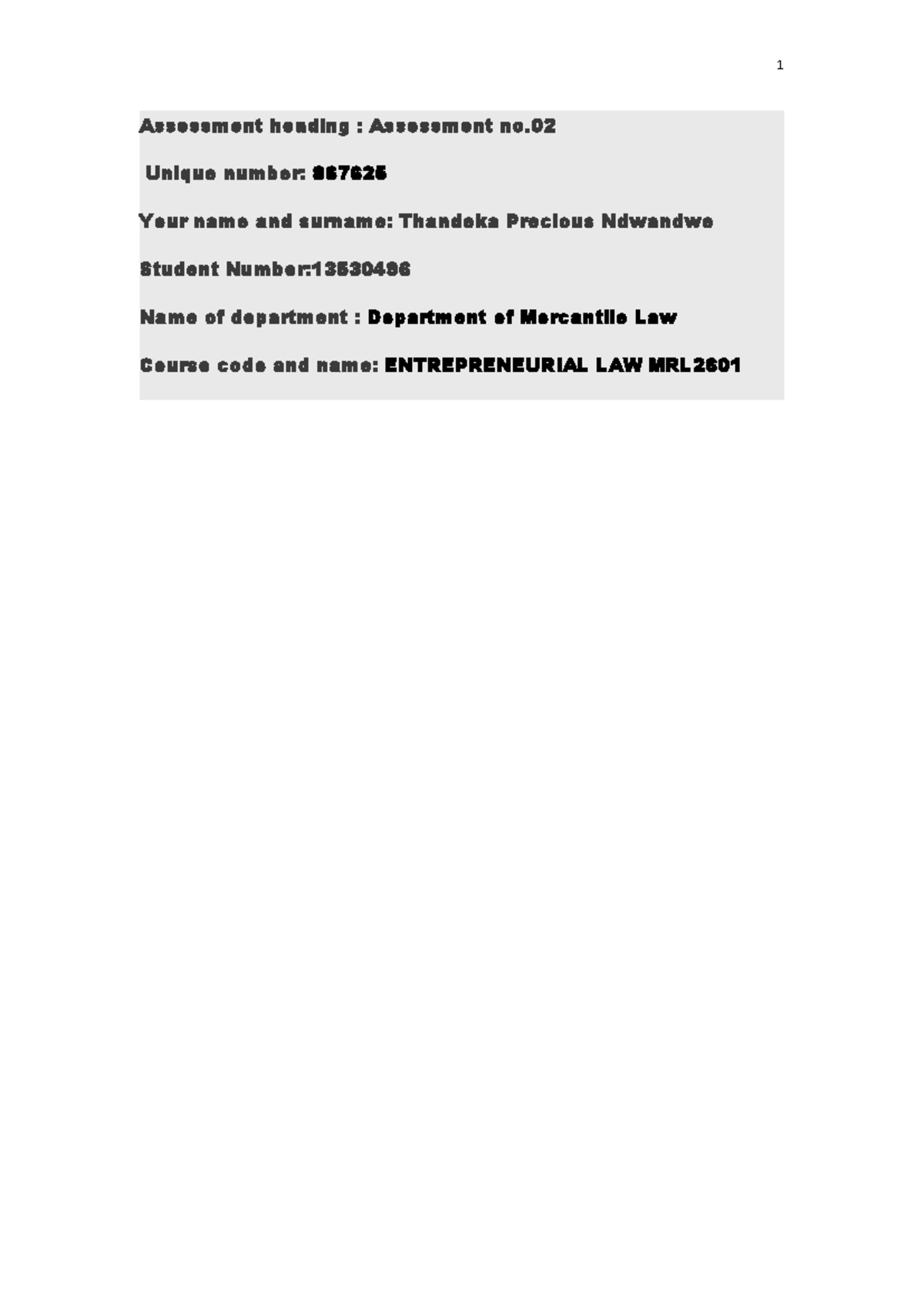 Mrl2601ass02 - assignment 2 - Assessment heading : Assessment no ...