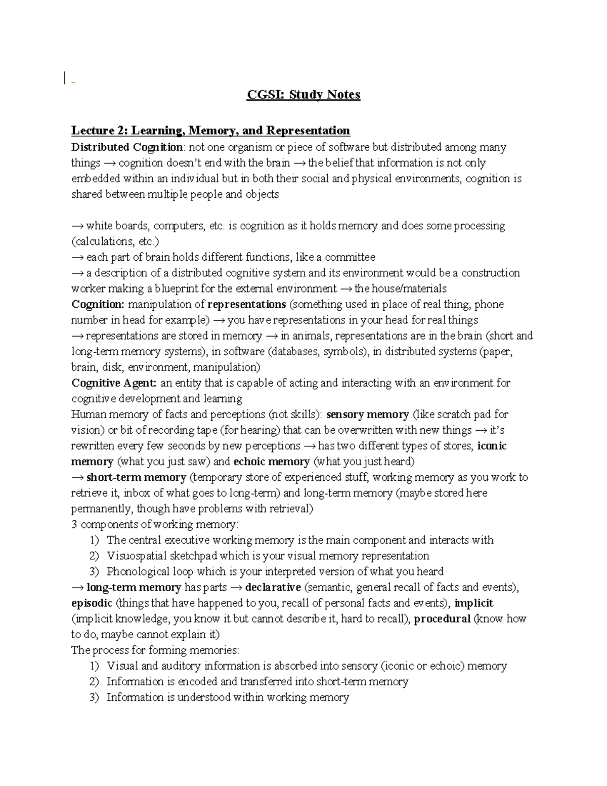 Cgsci Study Notes - CGSI: Study Notes Lecture 2: Learning, Memory, and ...