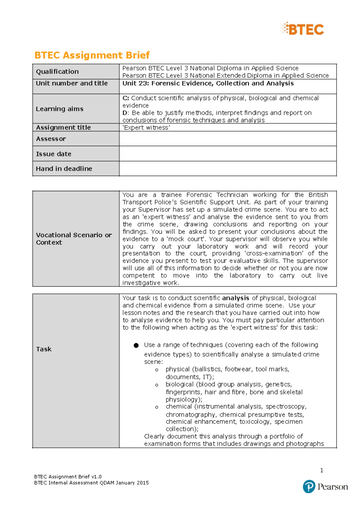Assignment Brief for Learning Aim C and D Forensic Evidence Collection and Analysis Version 1 ...