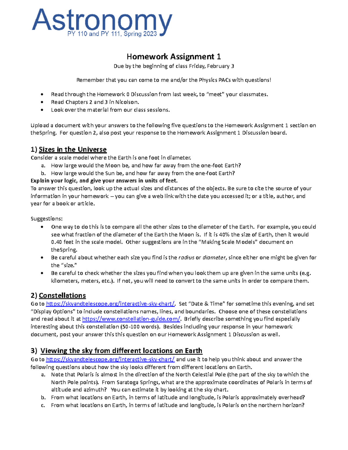 Astronomy hw1 s23 - Homework Assignment 1 Due by the beginning of class ...