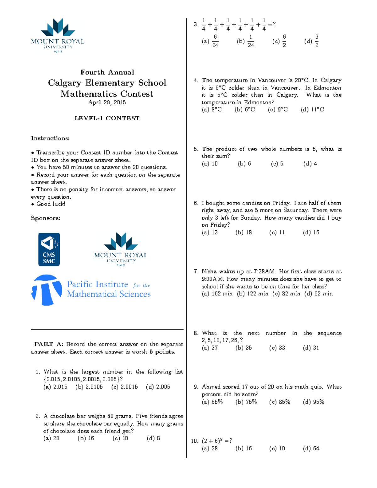 Cesmc 2015 Level 1 Contest Paper - Fourth Annual Calgary Elementary ...