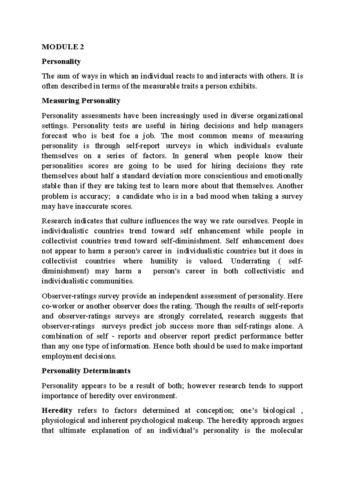 Personality Ob mod 2 - OB notes - MODULE 2 Personality The sum of ways ...