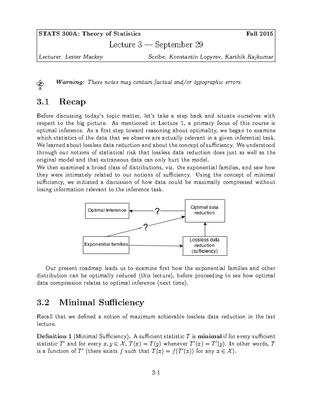 Stats 300a-fall15-lecture 3 - STATS 300A: Theory of Statistics Fall 2015 Lecture 3 — September ...