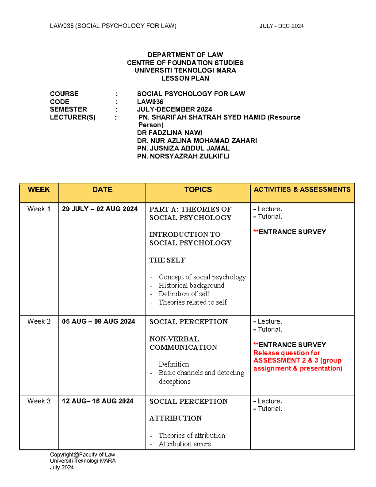 Lesson PLAN LAW036 JULY 2024 - Copyright@Faculty of Law Universiti ...
