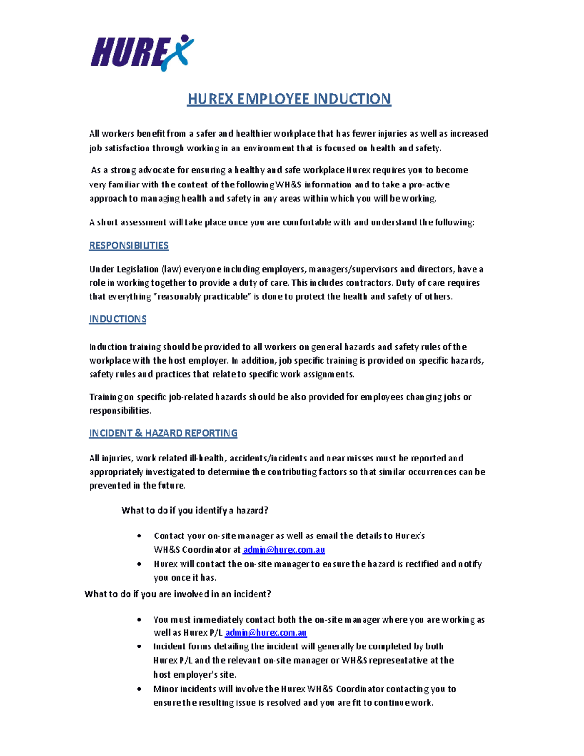 Employee Induction Form - HUREX EMPLOYEE INDUCTION All workers benefit ...