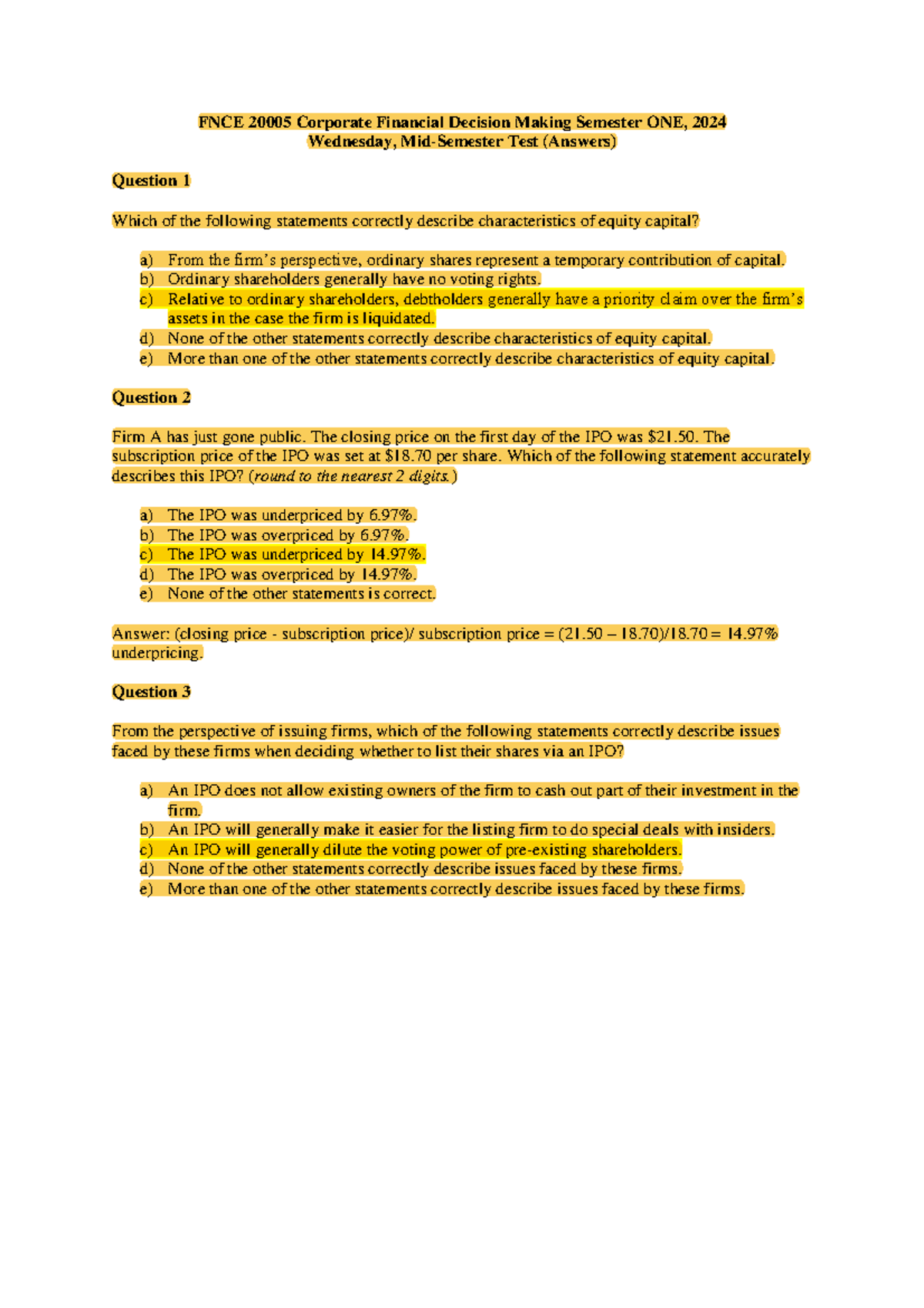 Wed MST 2024 with answers update - FNCE 20005 Corporate Financial Decision Making Semester ONE ...
