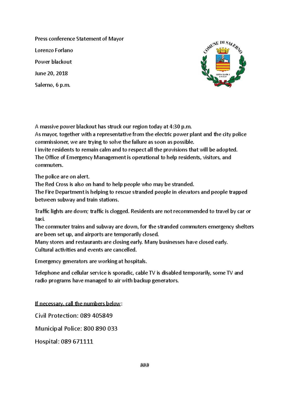 Assignment 12C - Press conference Statement of Mayor Lorenzo Forlano ...