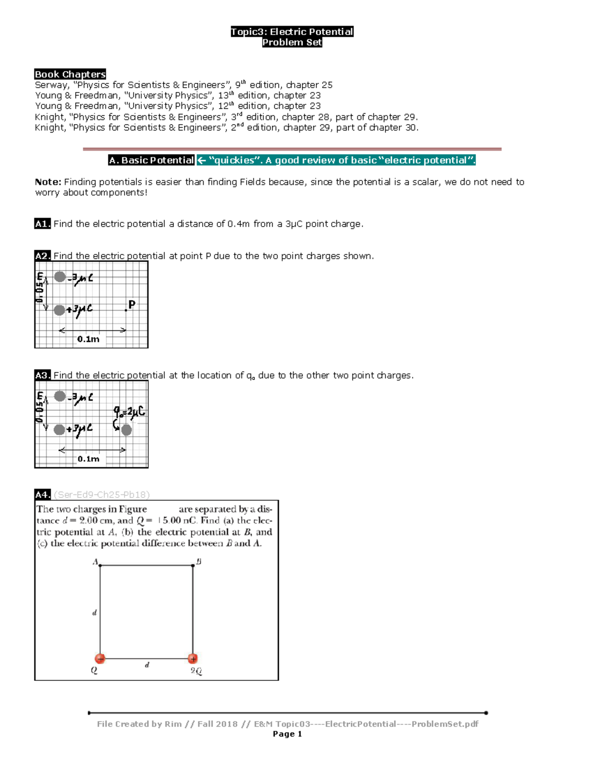 Topic 03 Electric Potential Problem Set - File Created by Rim // Fall 2018 // E&M - Studocu