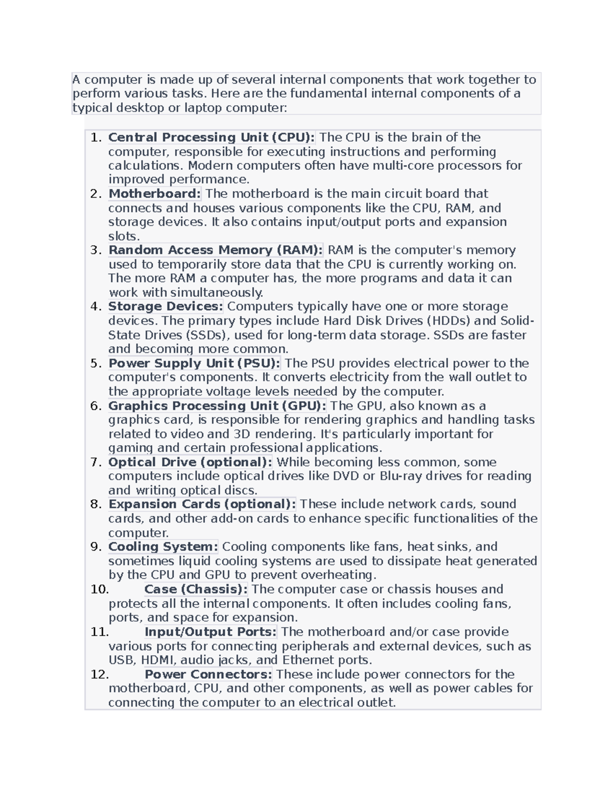 Internal computer hardware components - A computer is made up of ...