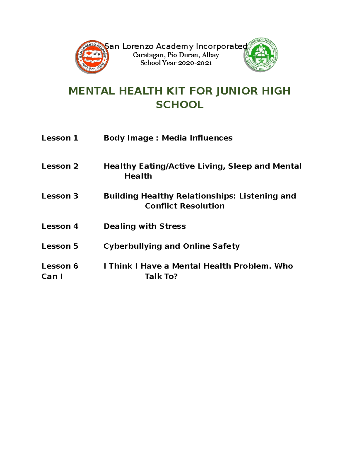 Mental Health Module FOR Junior HIGH School - San Lorenzo Academy ...