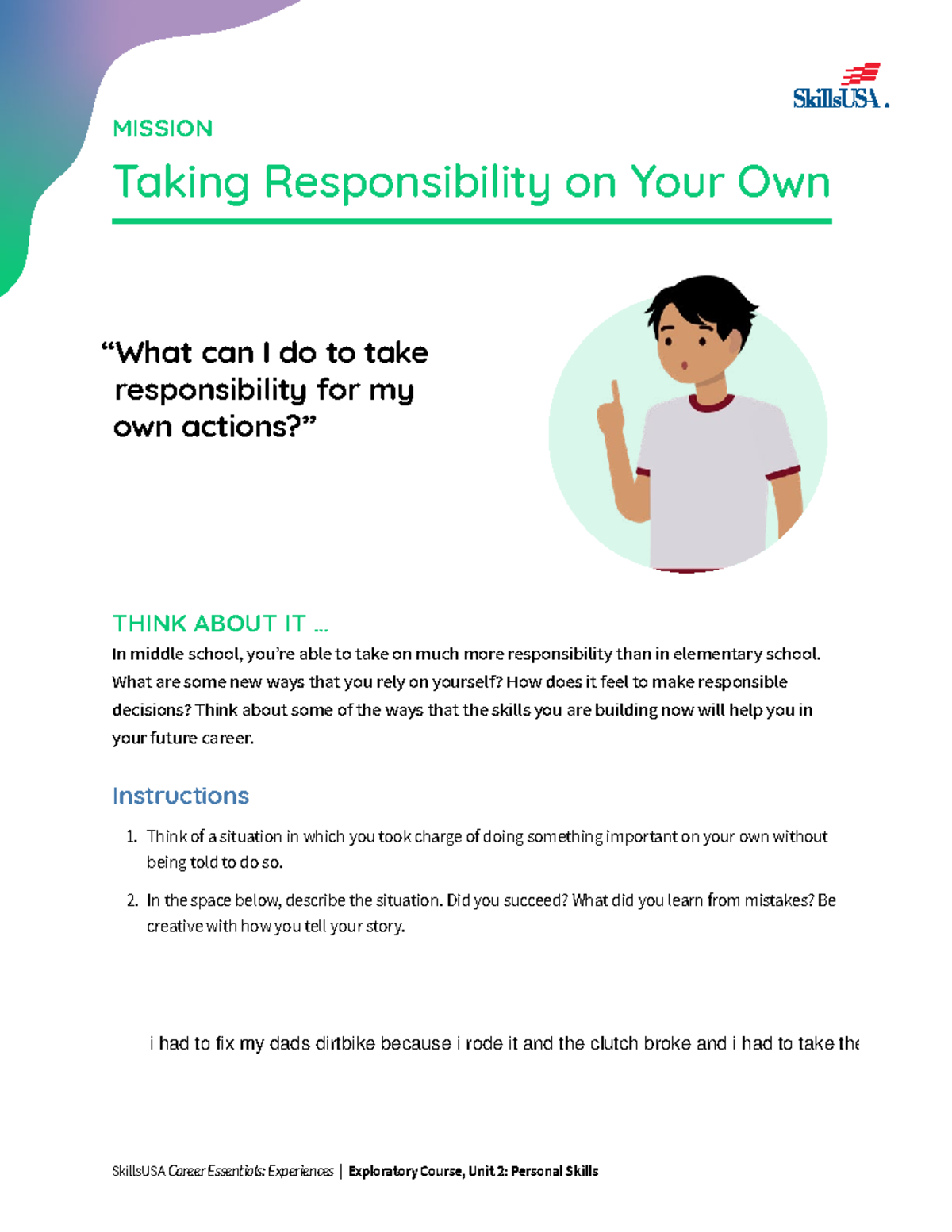 Exploratory Exp 2 worksheet Taking Responsibility - SkillsUSA Career ...