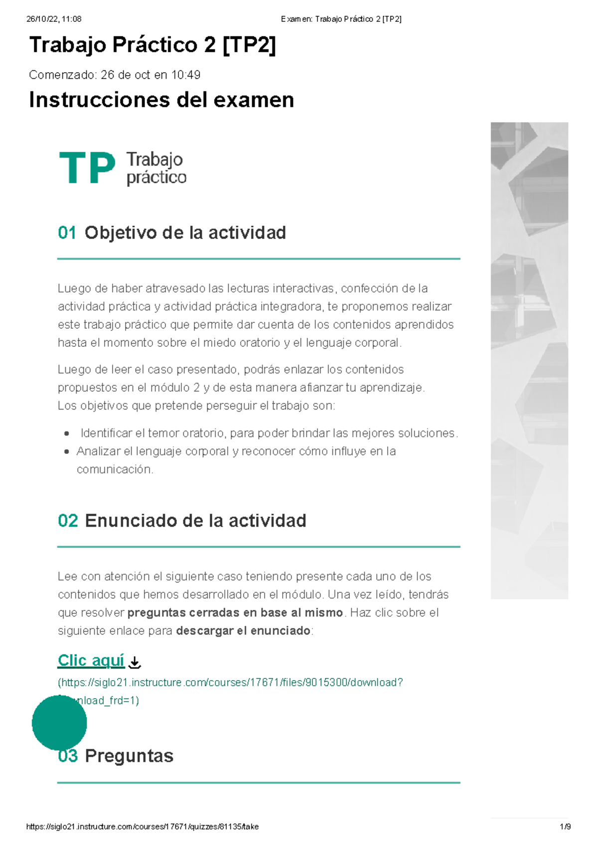 Siglo 21 TP2 Oratoria 90 - Trabajo Práctico 2 [TP2] Comenzado: 26 de oct en 10: Instrucciones ...