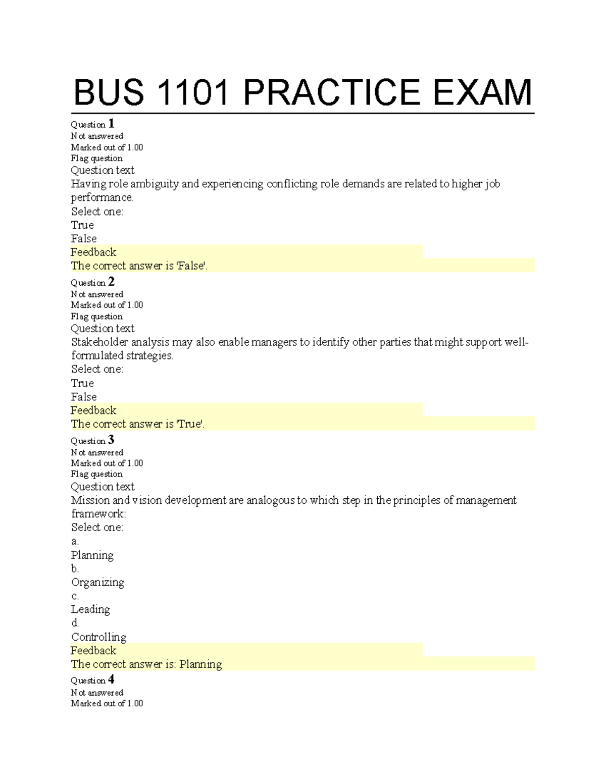 BUS 1101 Practice EXAM - BUS 1101 PRACTICE EXAM Question 1 Not answered ...