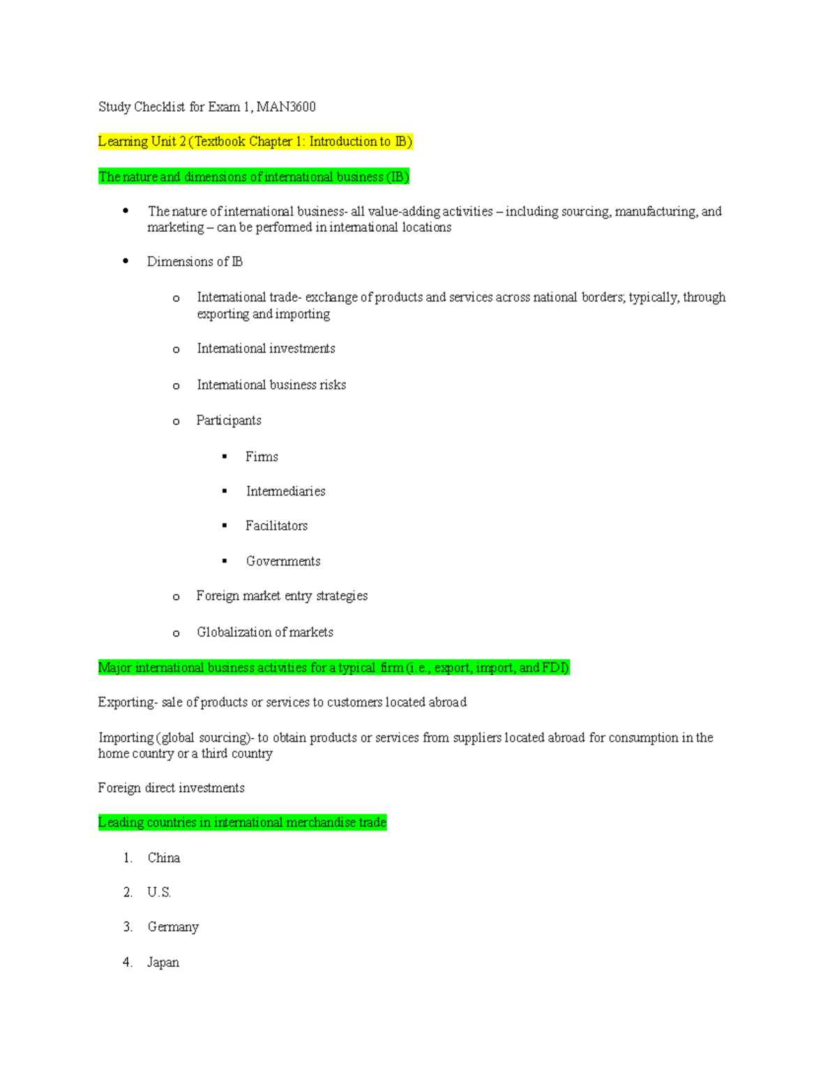 Study Checklist for Exam 1 man3600 - Study Checklist for Exam 1, MAN ...