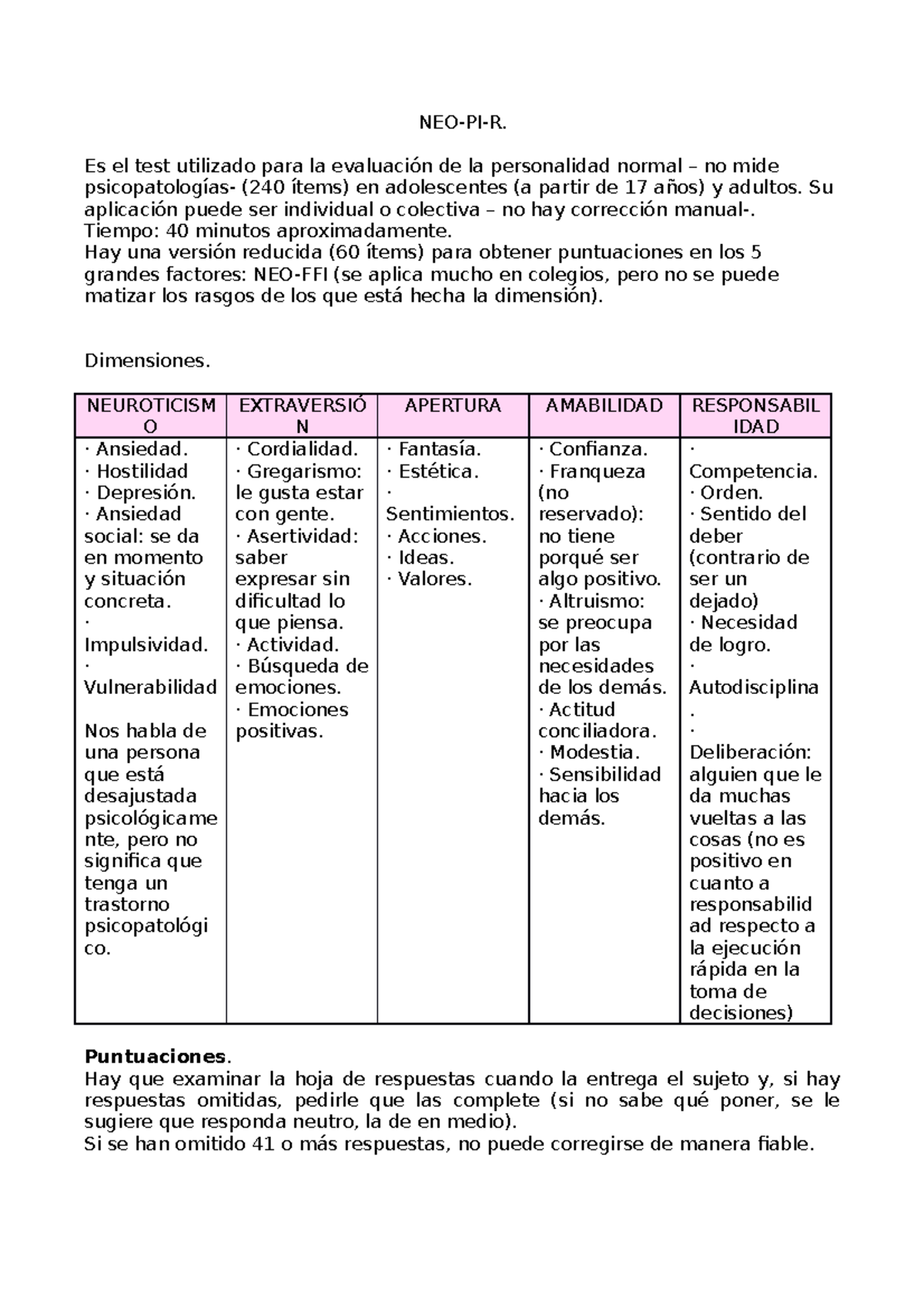 NEO-PI-R - apuntes - NEO-PI-R. Es el test utilizado para la evaluación ...