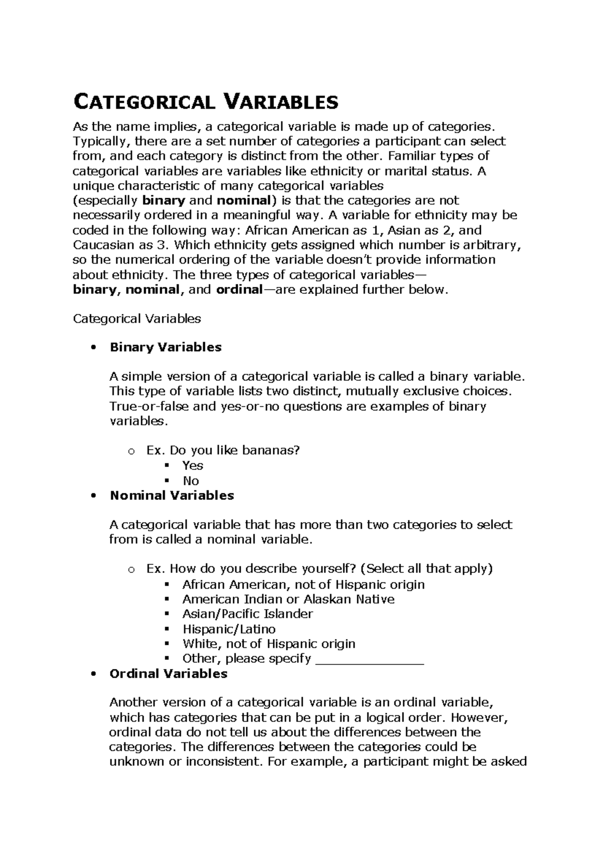 Quantitative Research CATEGORICAL VARIABLES As The Name Implies A