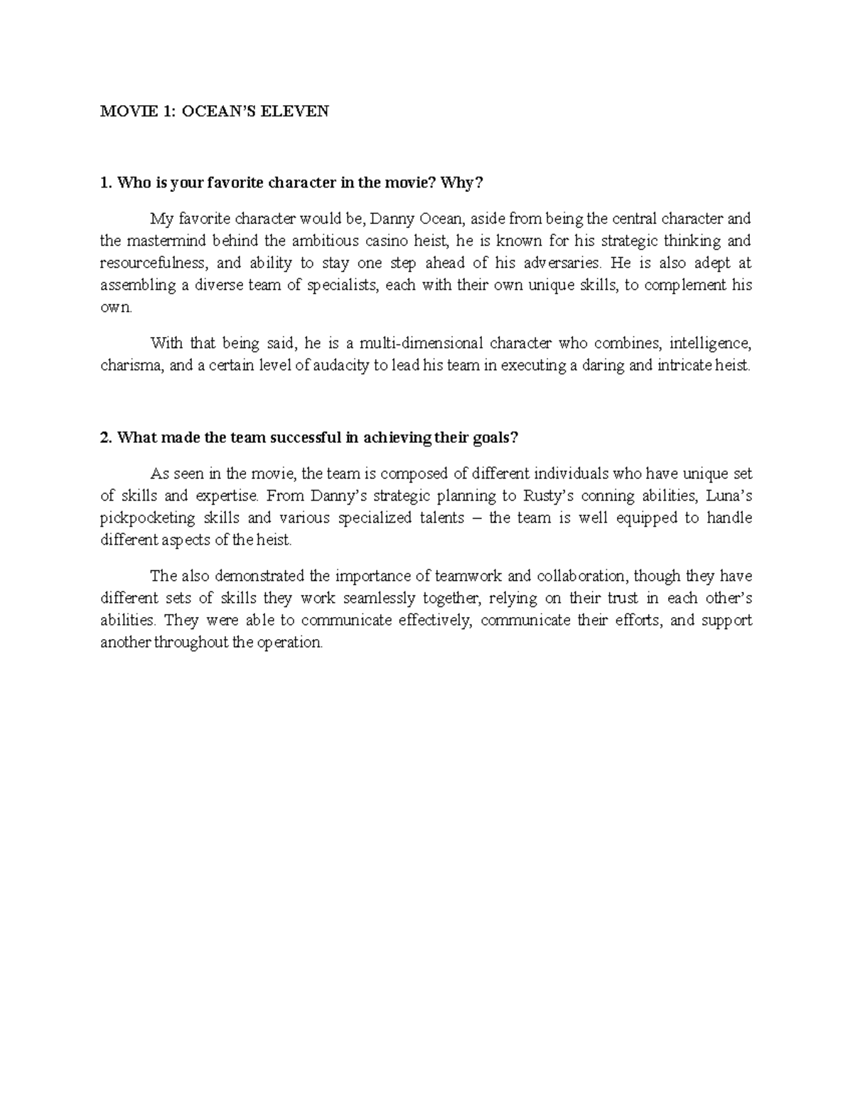 Movie 1 - MOVIE 1: OCEAN’S ELEVEN Who is your favorite character in the ...